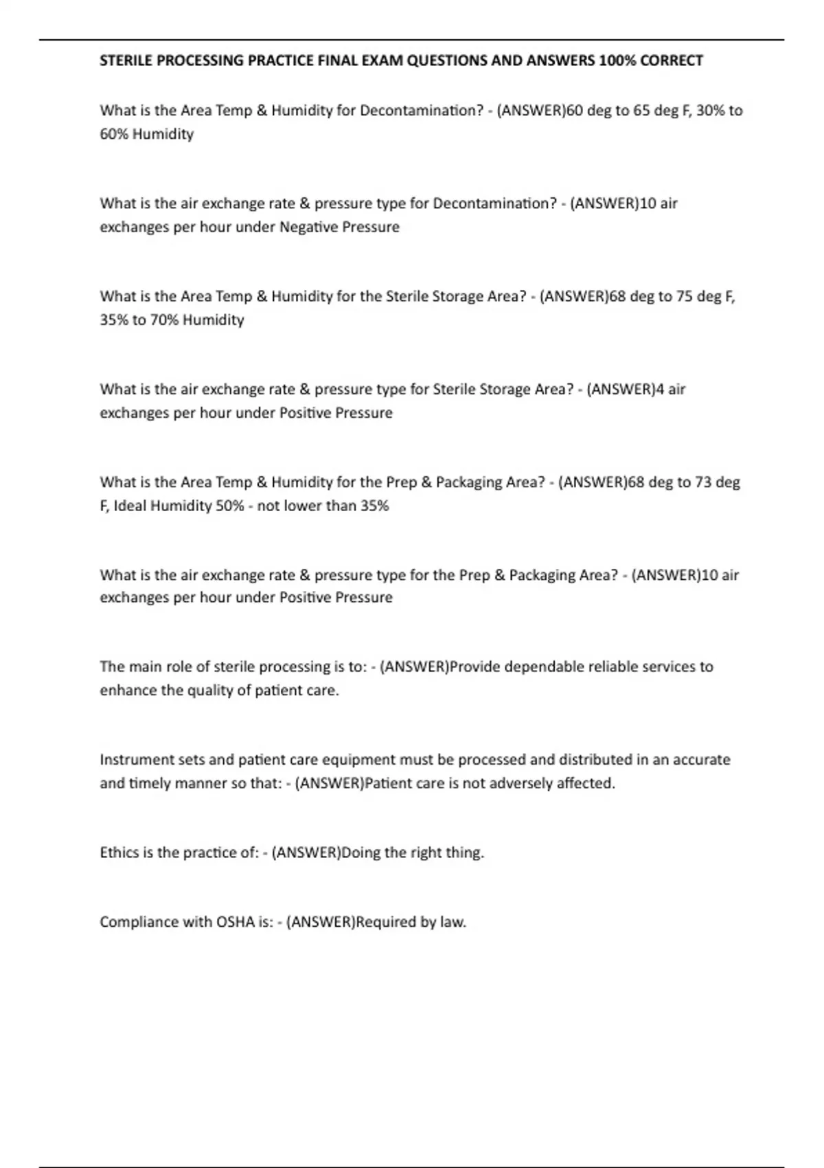 STERILE PROCESSING PRACTICE FINAL EXAM QUESTIONS AND ANSWERS 100% ...