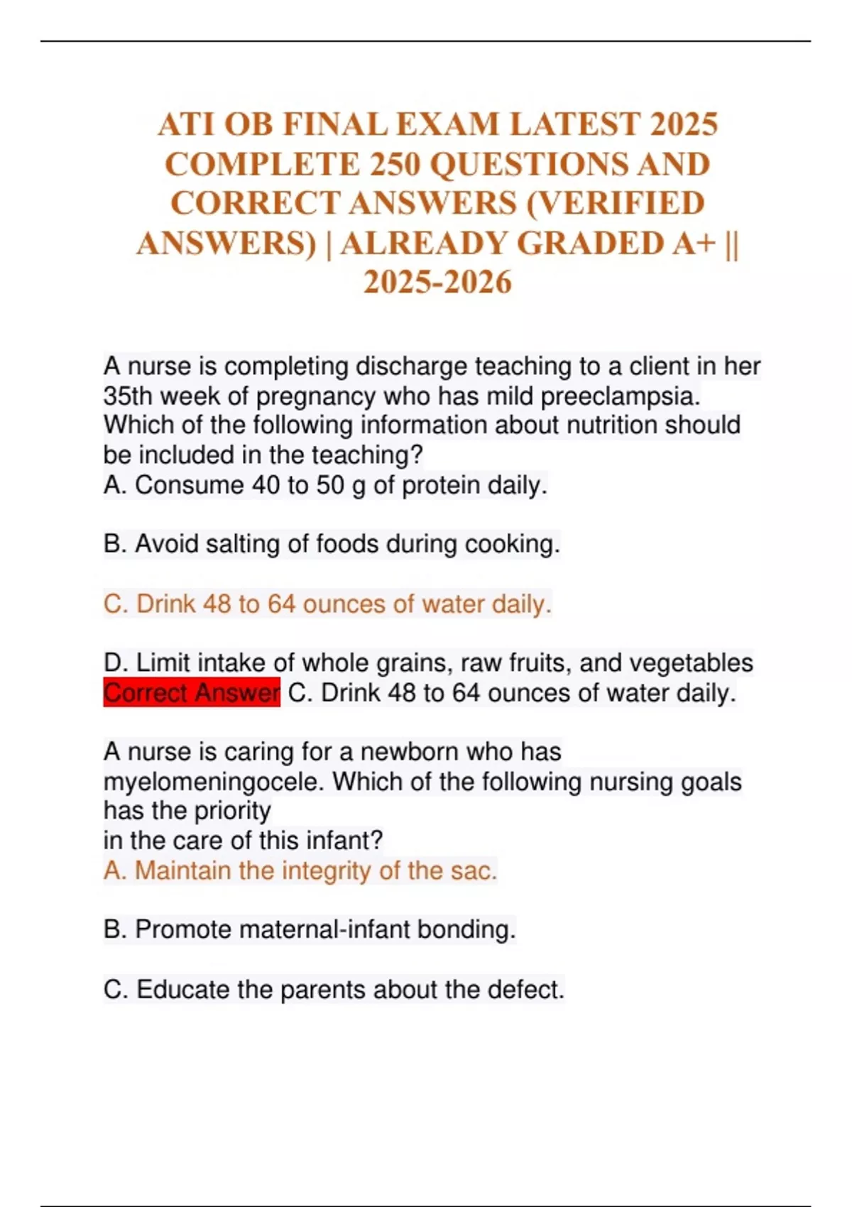 ATI OB FINAL EXAM LATEST 2025 COMPLETE 250 QUESTIONS AND CORRECT ...