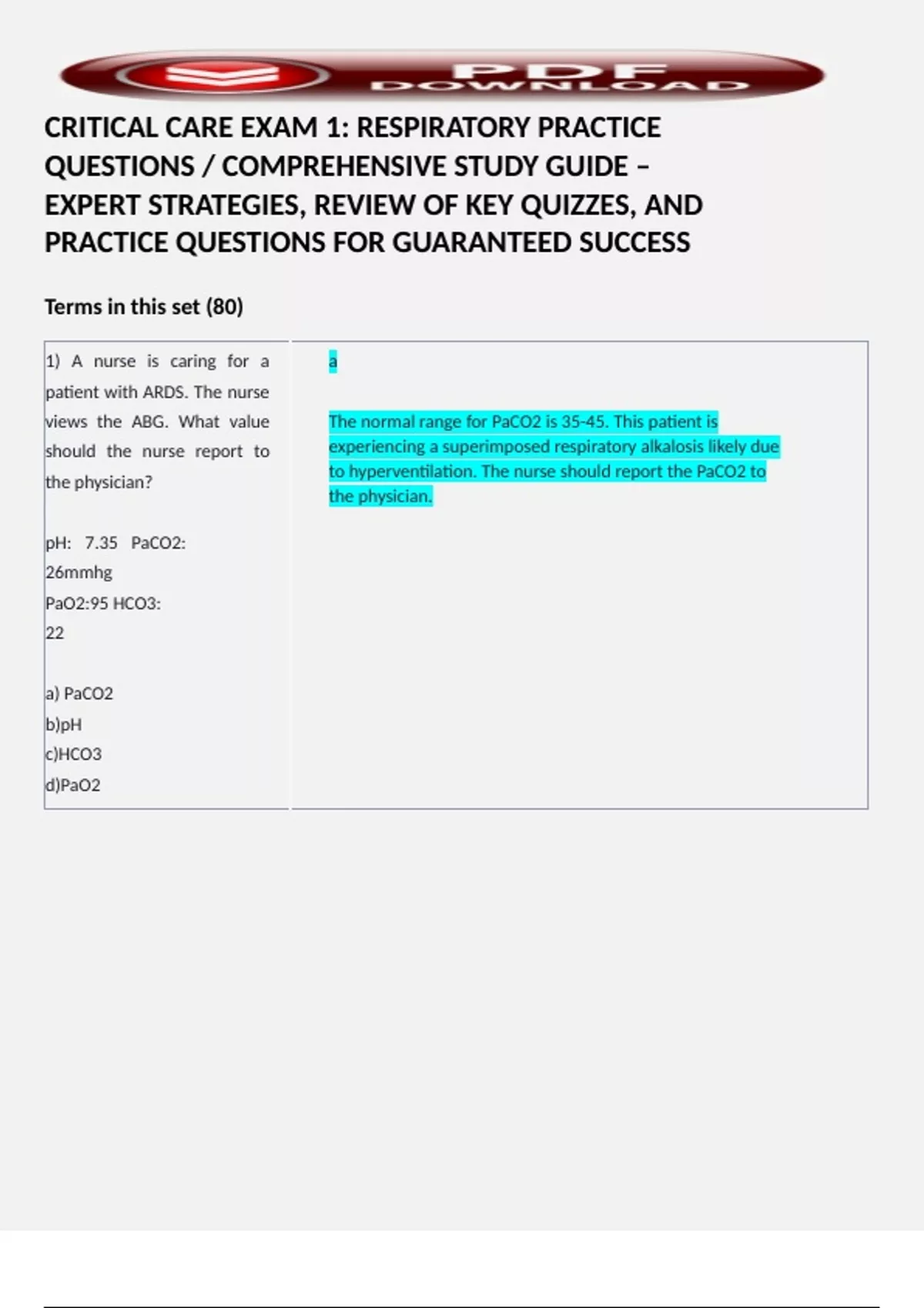 CRITICAL CARE EXAM 1: RESPIRATORY PRACTICE QUESTIONS / COMPREHENSIVE ...