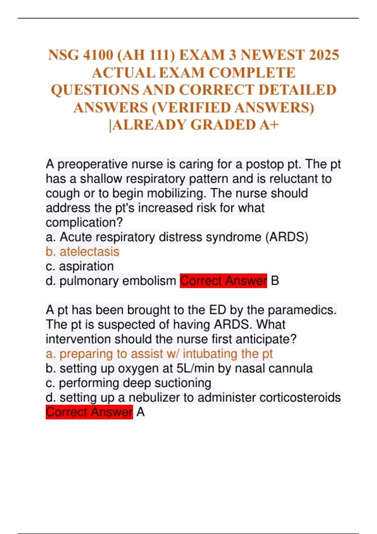 NSG 4100 (AH 111) EXAM 3 NEWEST 2025 ACTUAL EXAM COMPLETE QUESTIONS AND ...