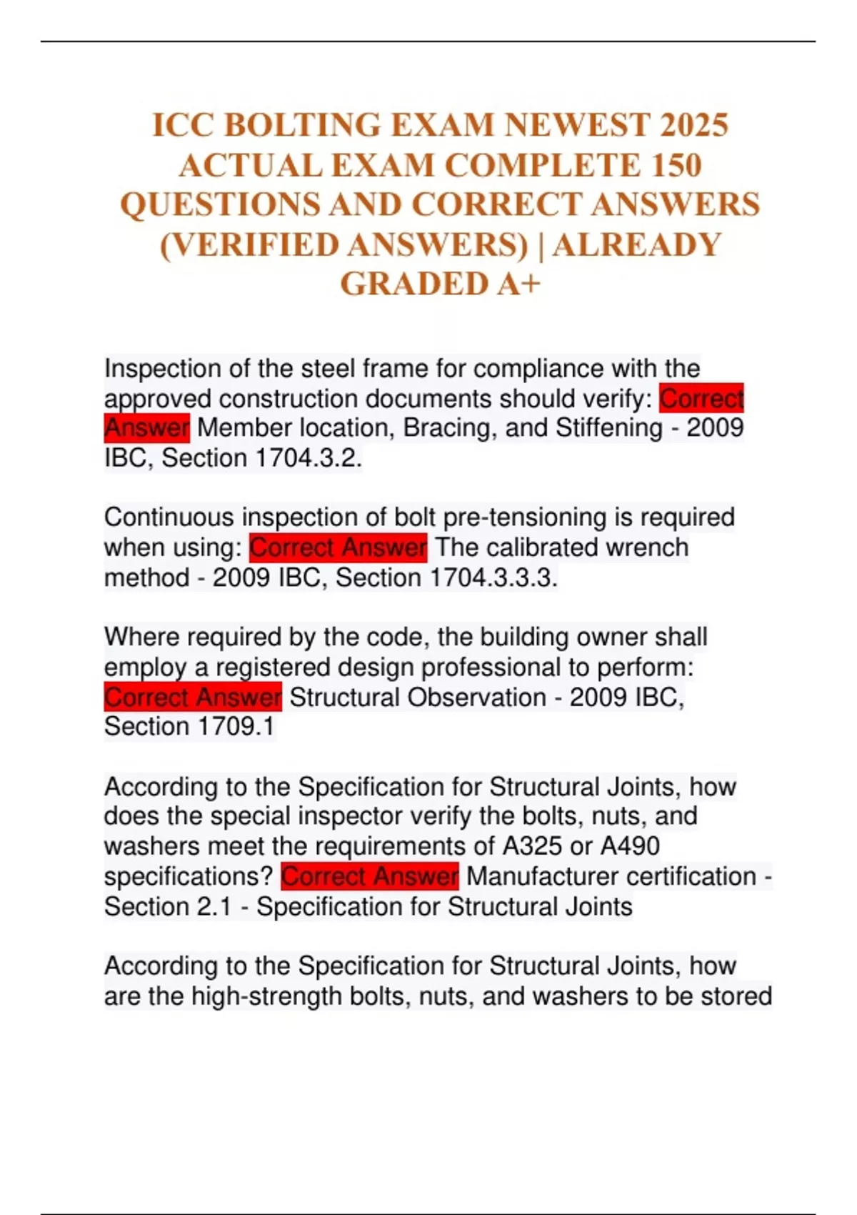 ICC BOLTING EXAM NEWEST 2025 ACTUAL EXAM COMPLETE 150 QUESTIONS AND ...