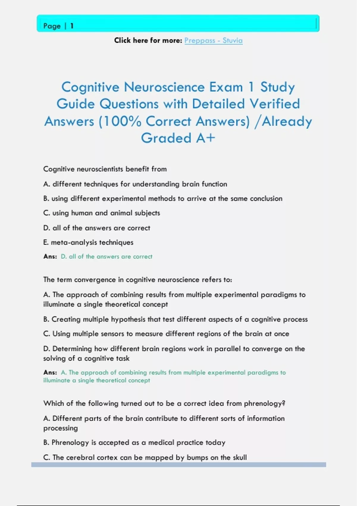 Cognitive Neuroscience Exam 1 Study Guide Questions with Detailed ...