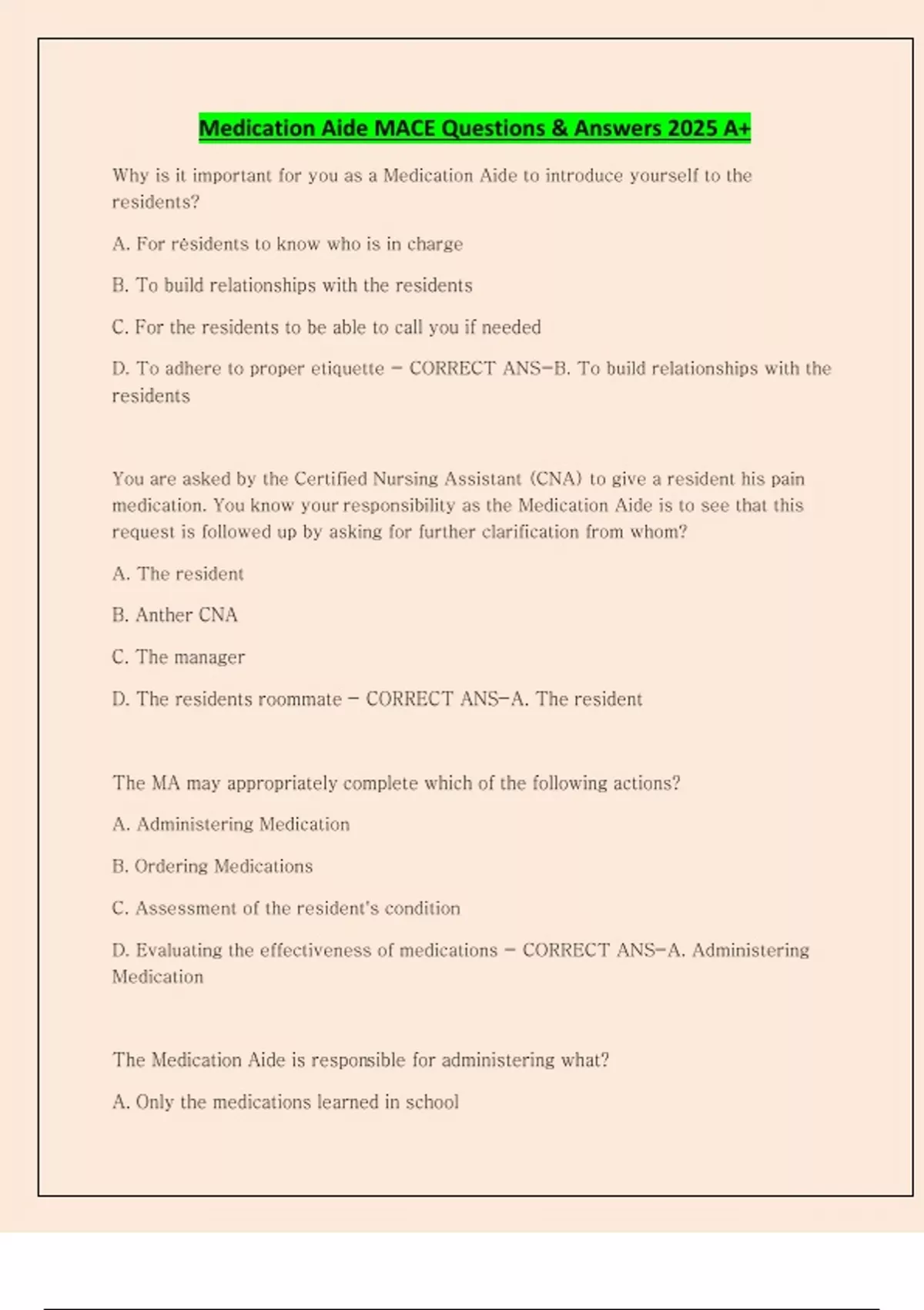 Medication Aide MACE Questions & Answers 2025 A+ - Medication Aide MACE ...