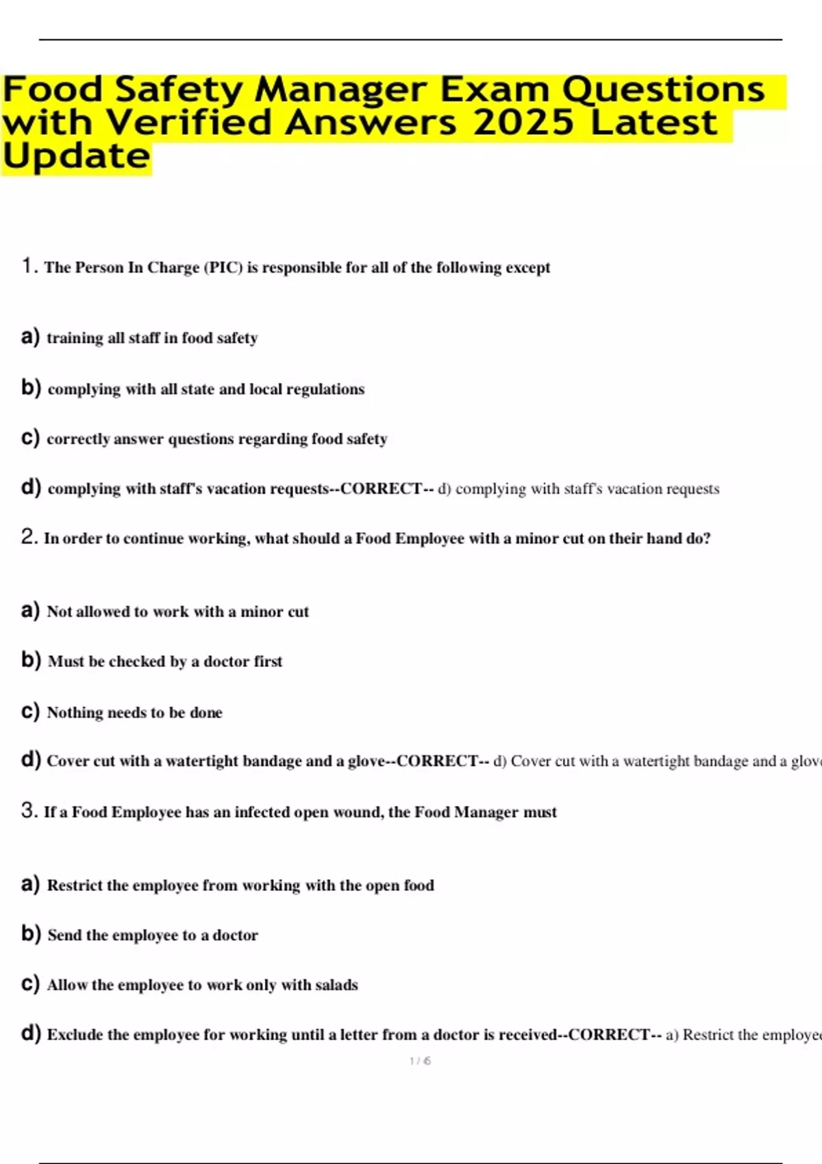 Food Safety Manager Exam Questions with Verified Answers 2025 Latest ...
