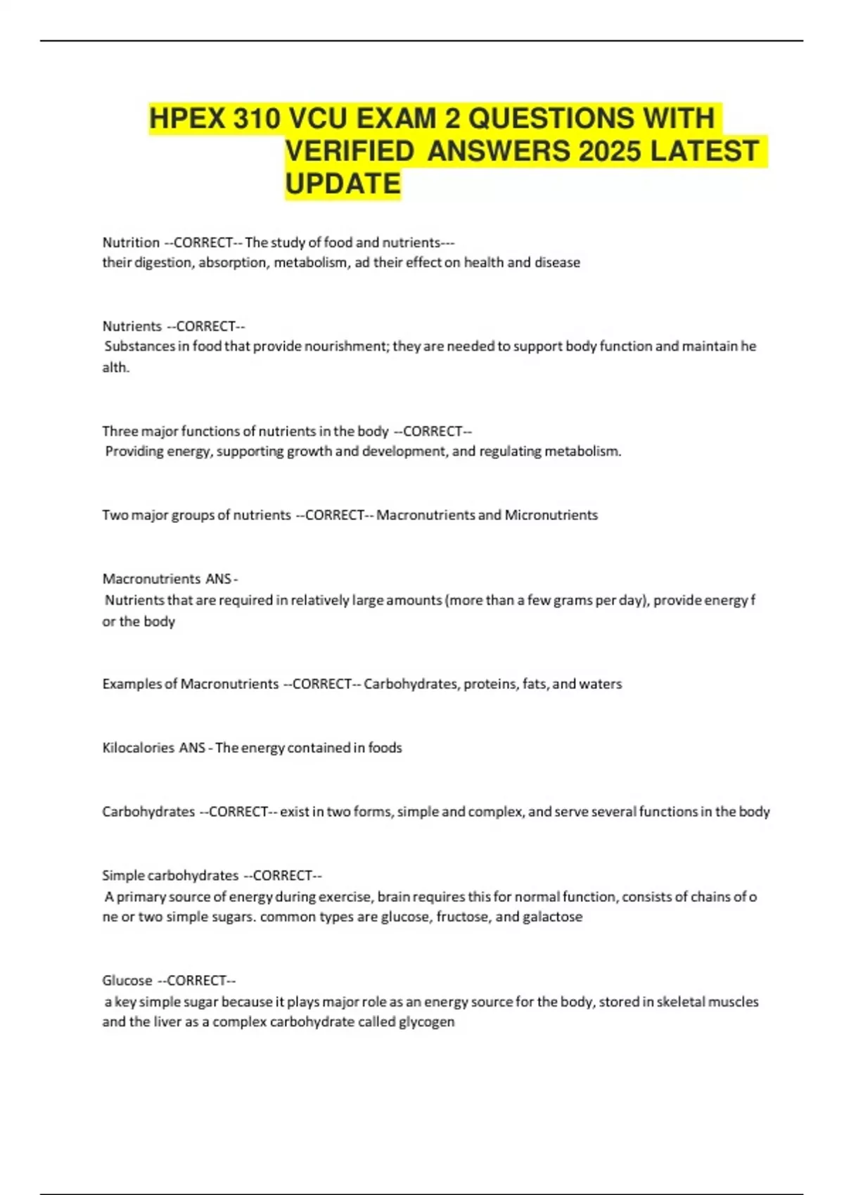 HPEX 310 VCU EXAM 2 QUESTIONS WITH VERIFIED ANSWERS 2025 LATEST UPDATE ...