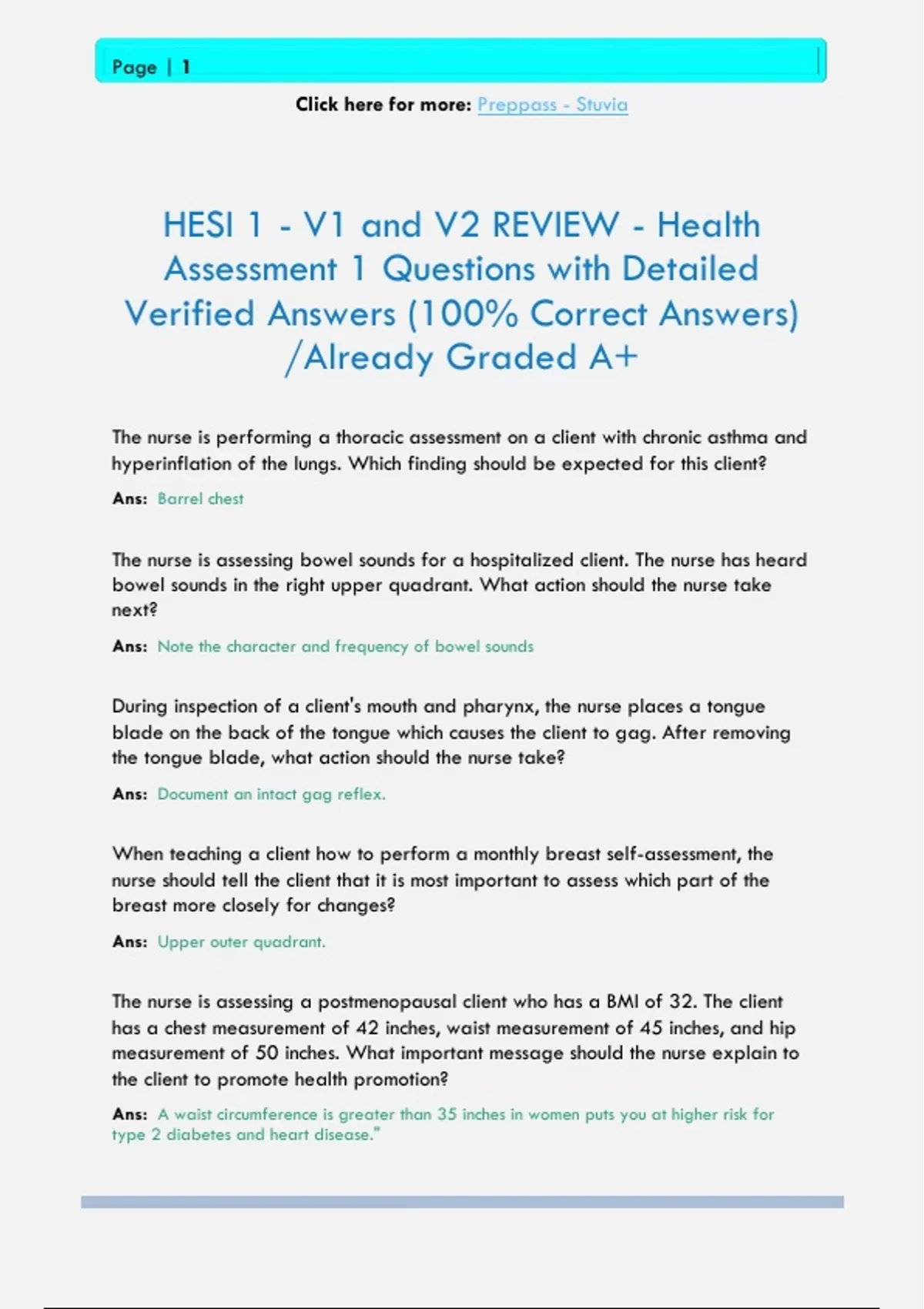 HESI 1 - V1 and V2 REVIEW - Health Assessment 1 Questions with Detailed ...