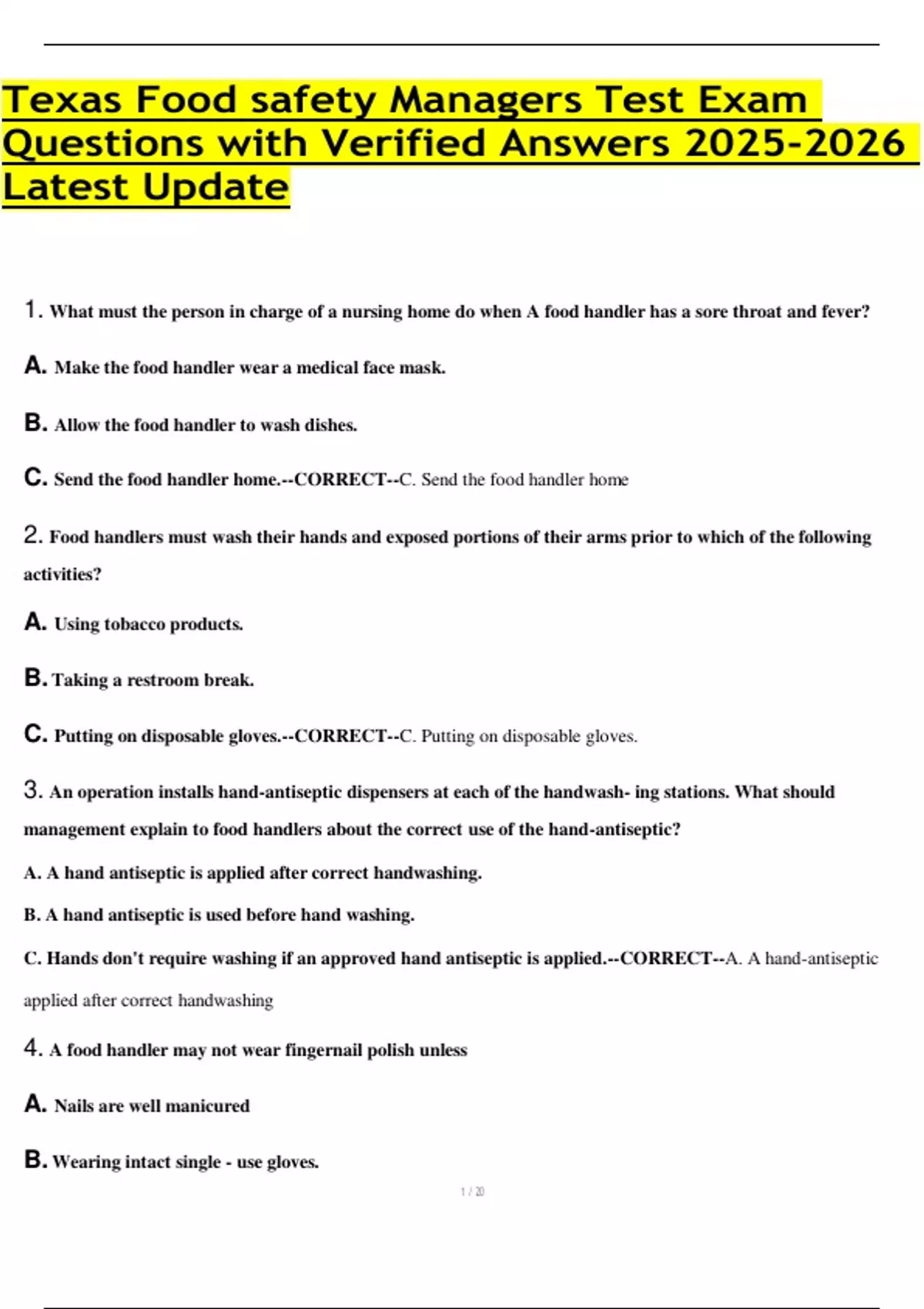 Texas Food safety Managers Test Exam Questions with Verified Answers ...