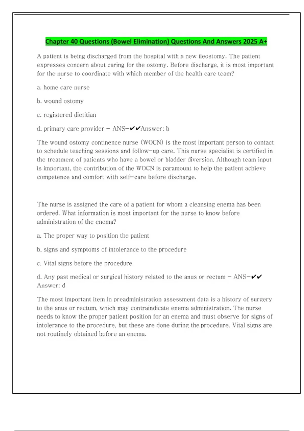 Chapter 40 Questions (Bowel Elimination) Questions And Answers 2025 A+ ...