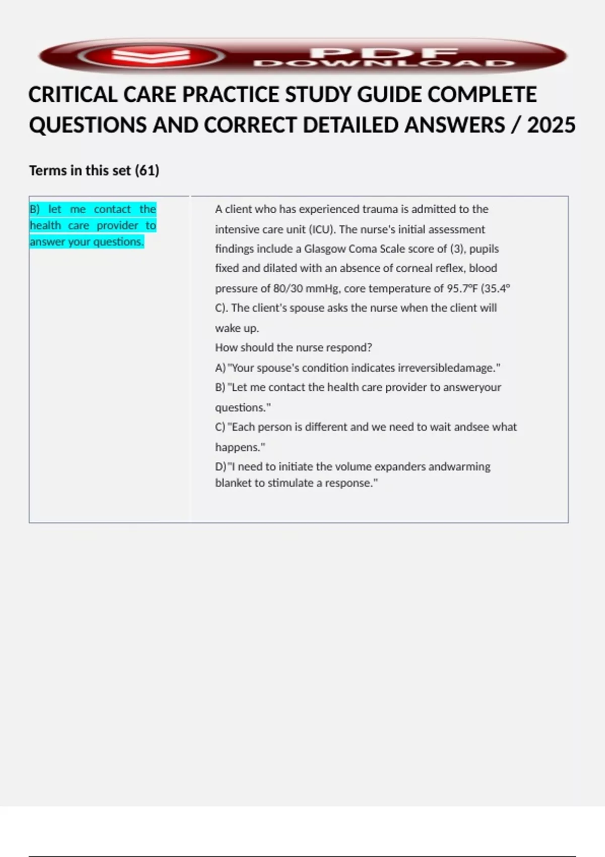 CRITICAL CARE PRACTICE STUDY GUIDE COMPLETE QUESTIONS AND CORRECT ...