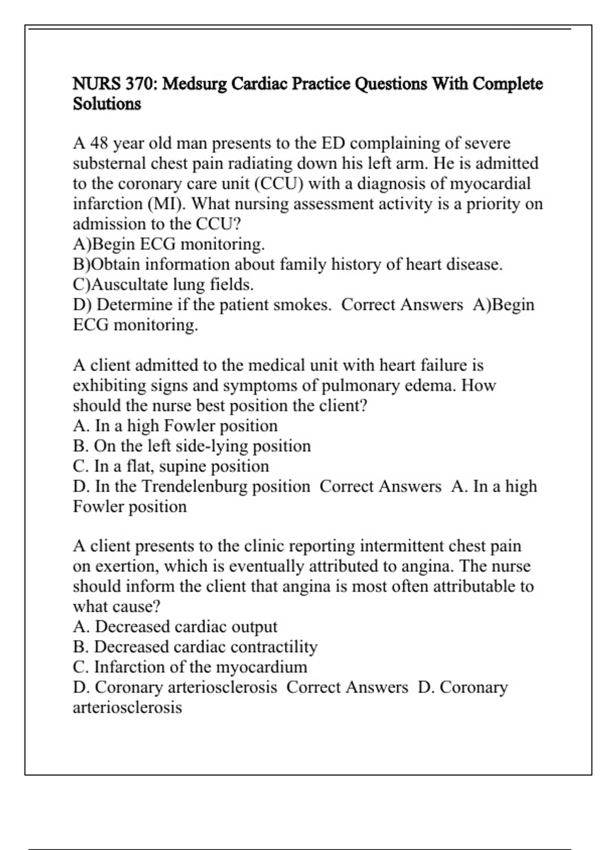 NURS 370: Medsurg Cardiac Practice Questions With Complete Solutions ...
