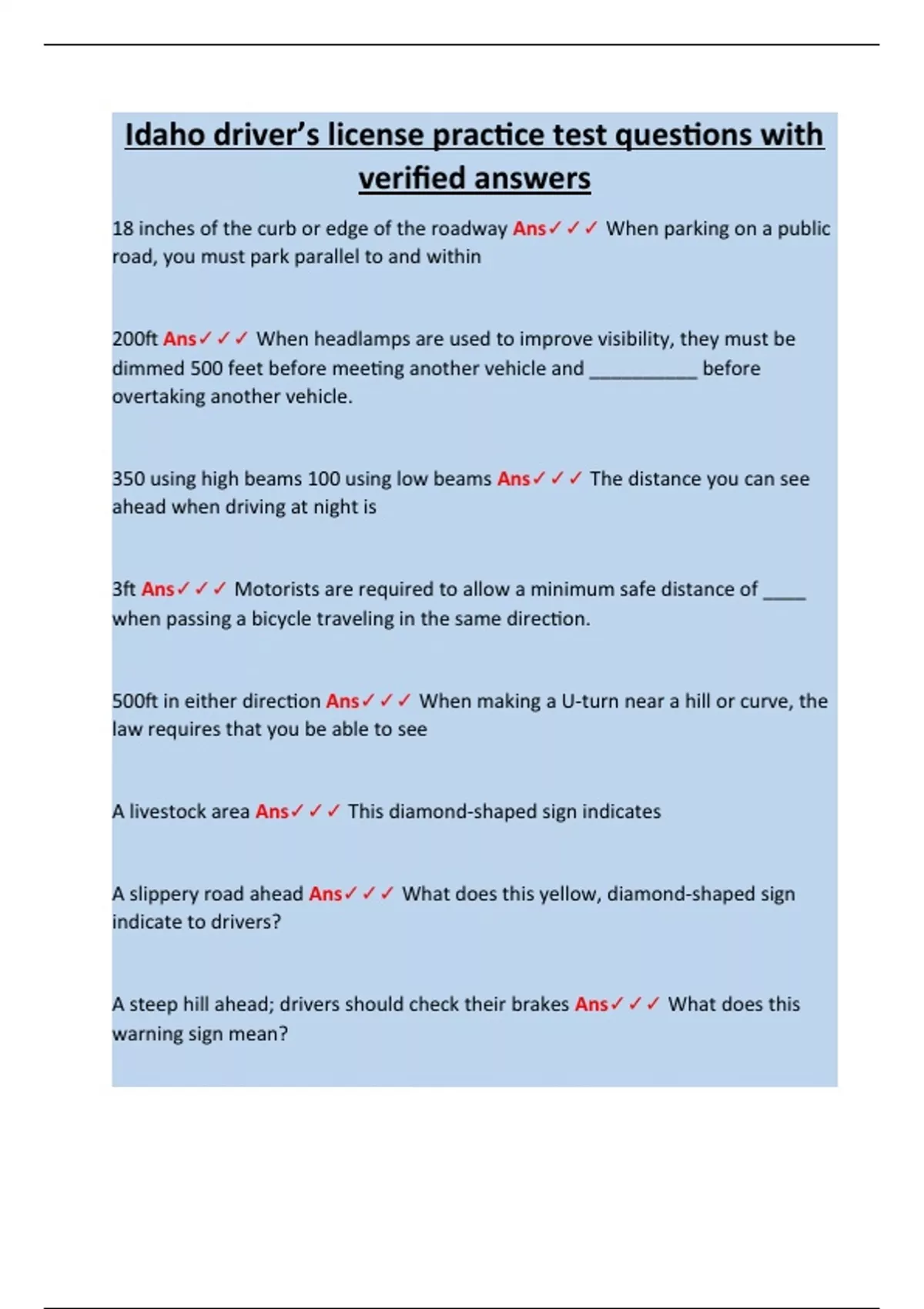 Idaho driver’s license practice test questions with verified answers ...