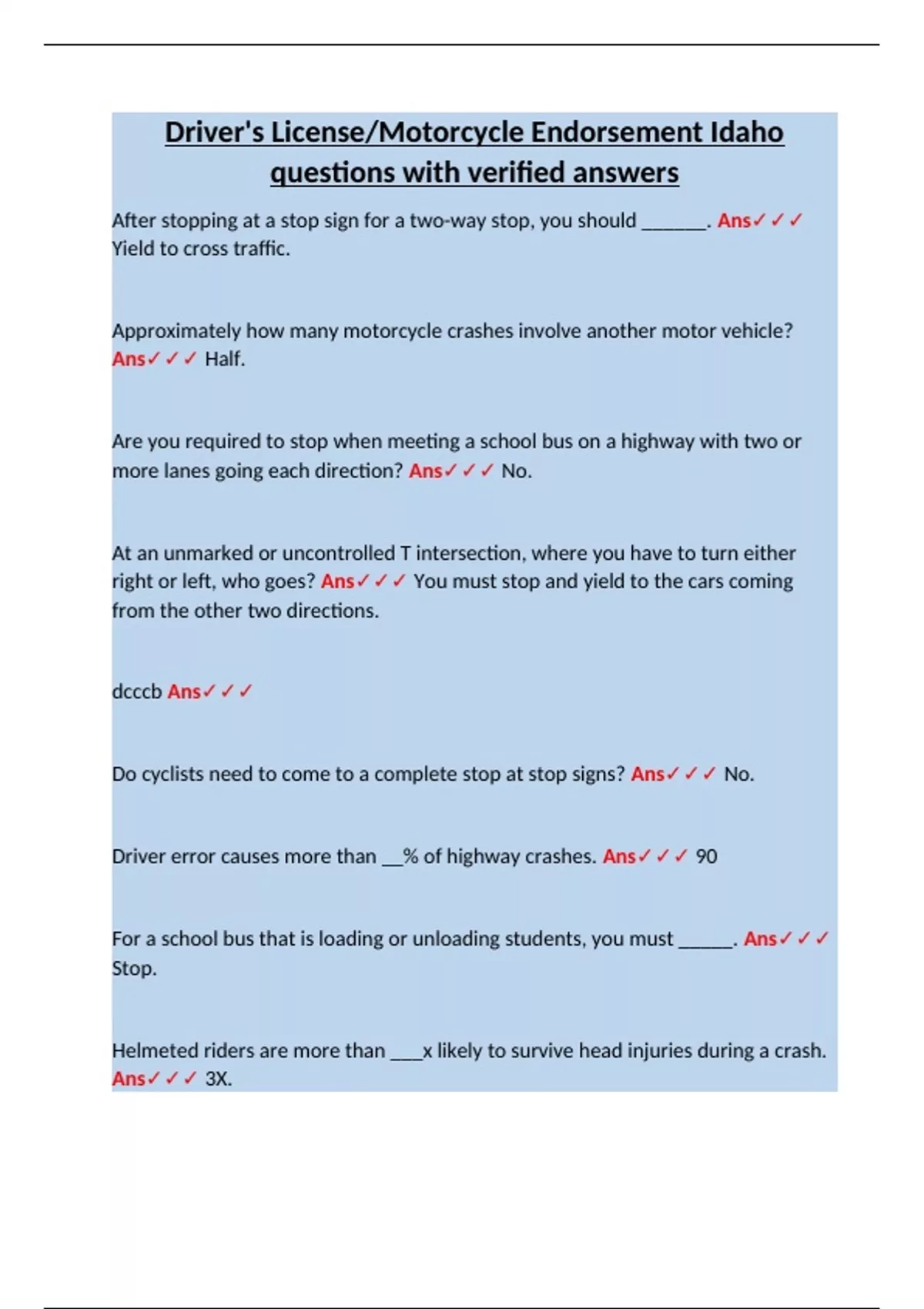 Driver's License/Motorcycle Endorsement Idaho questions with verified ...