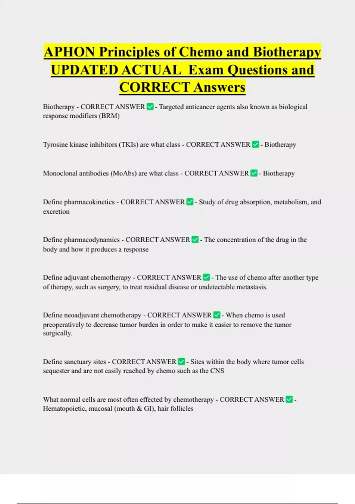 APHON Principles of Chemo and Biotherapy UPDATED ACTUAL Exam Questions ...