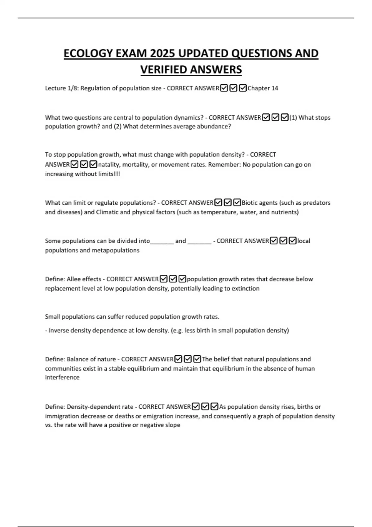 ECOLOGY EXAM 2025 UPDATED QUESTIONS AND VERIFIED ANSWERS - ECOLOGY ...