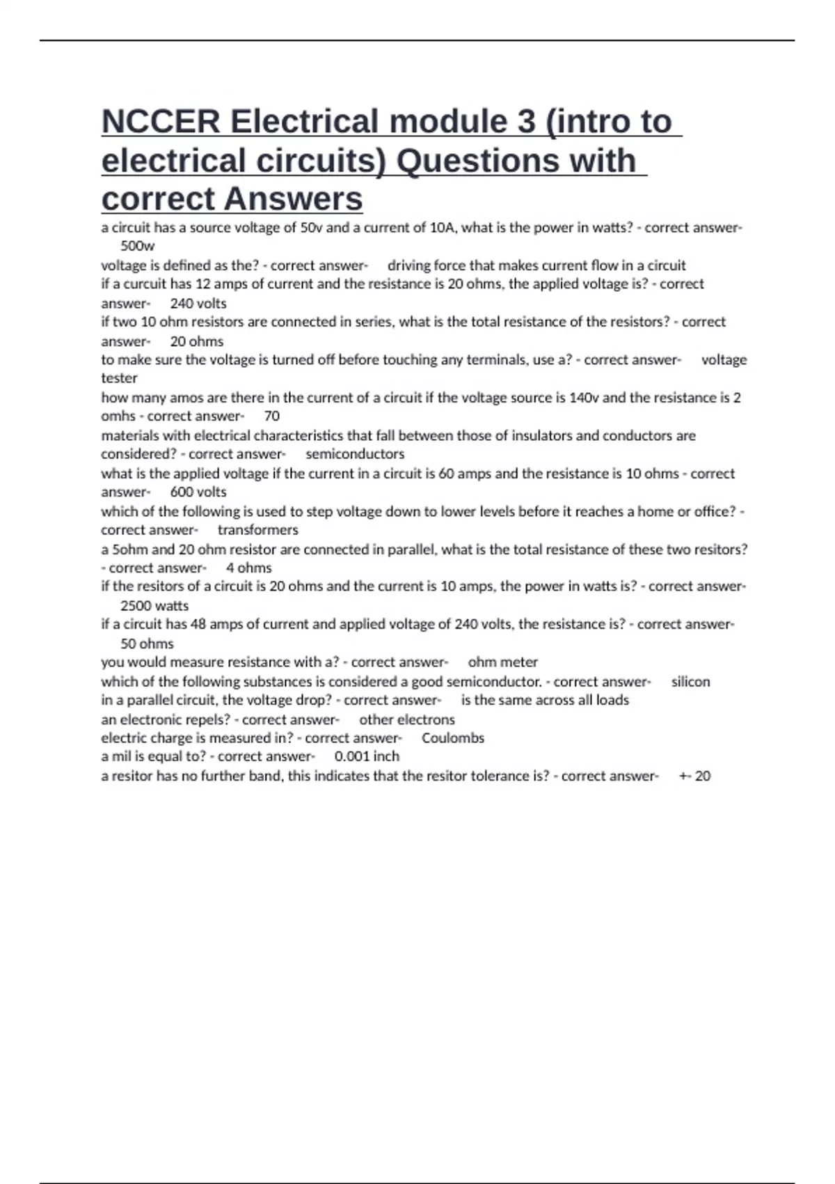 NCCER Electrical module 3 (intro to electrical circuits) Questions with ...