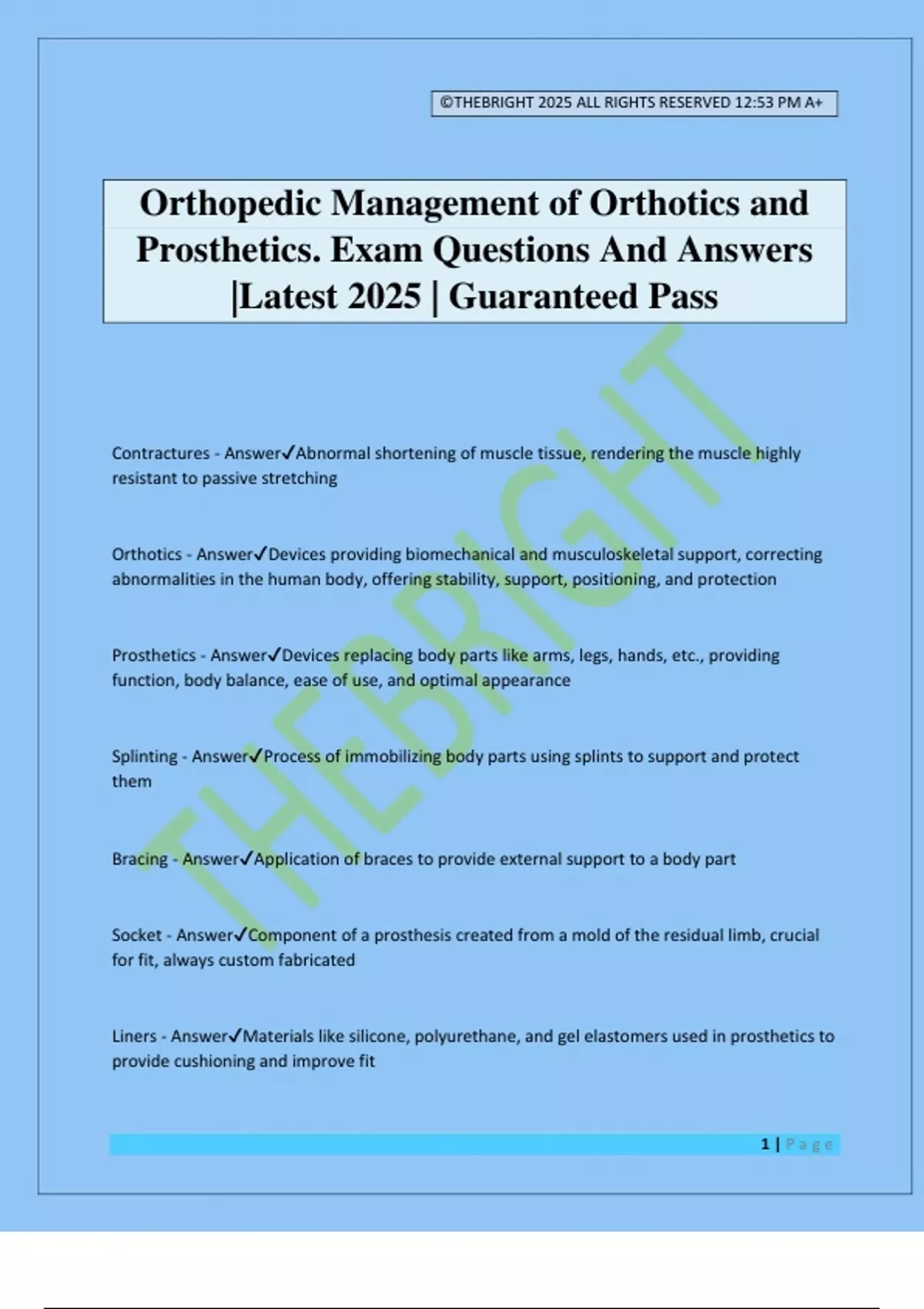 Orthopedic Management of Orthotics and Prosthetics. Exam Questions And ...