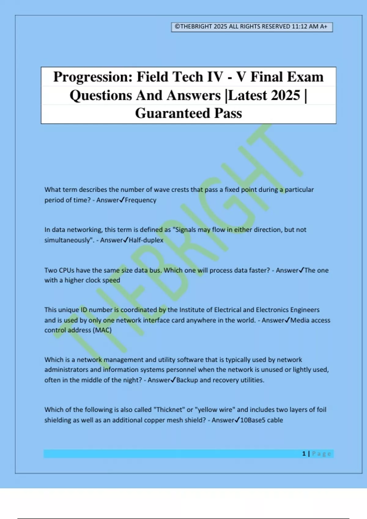 Progression: Field Tech IV - V Final Exam Questions And Answers |Latest ...