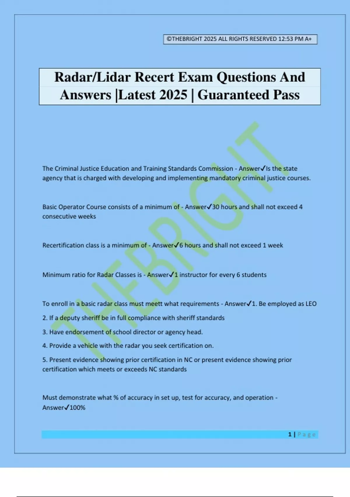 Radar/Lidar Recert Exam Questions And Answers |Latest 2025 | Guaranteed ...