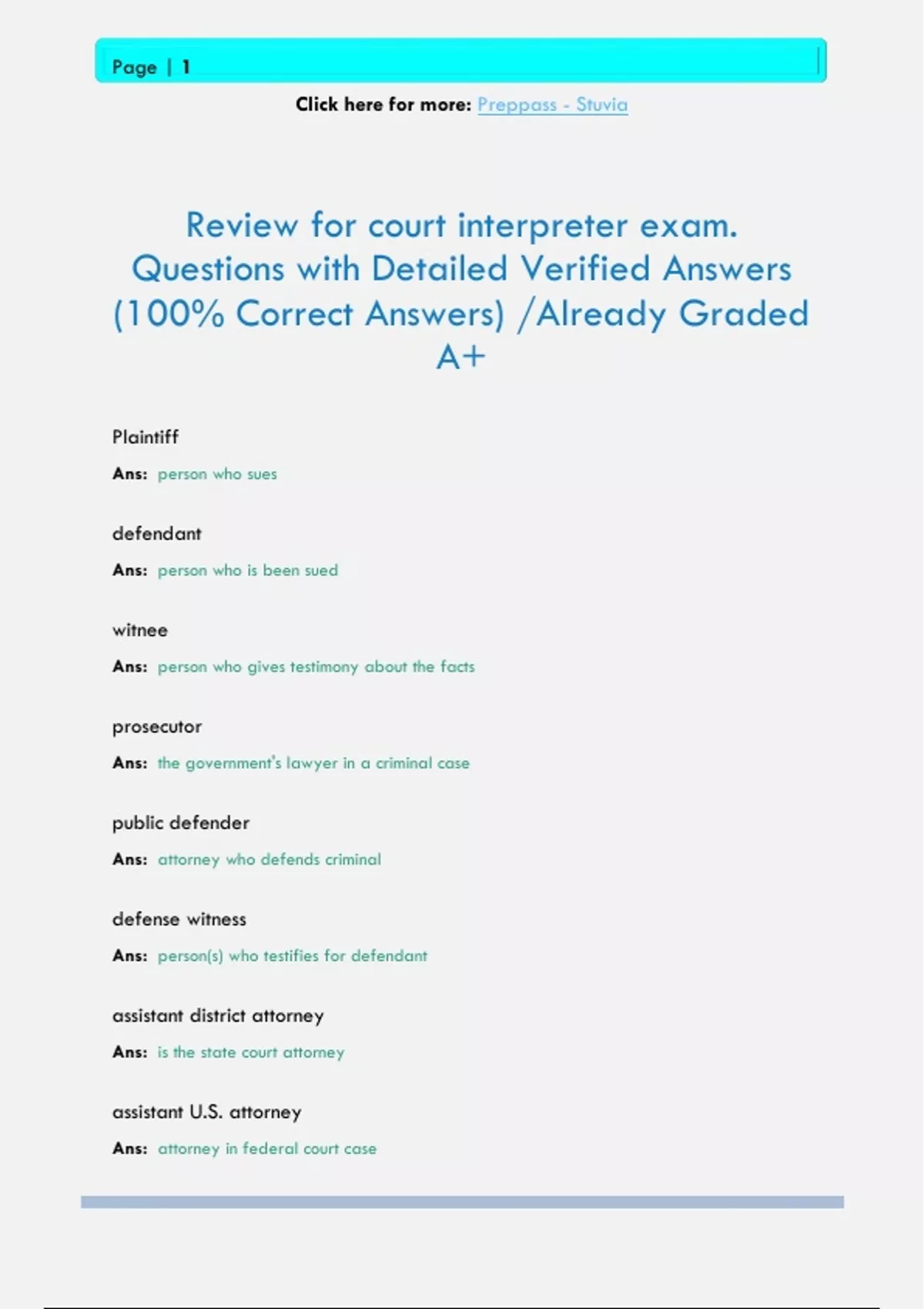 Review for court interpreter exam. Questions with Detailed Verified ...