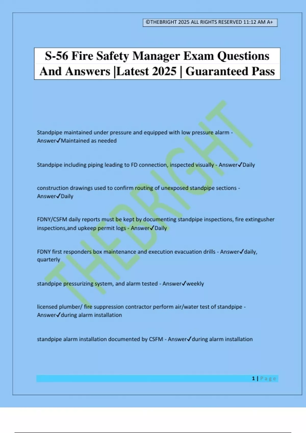 S-56 Fire Safety Manager Exam Questions And Answers |Latest 2025 ...