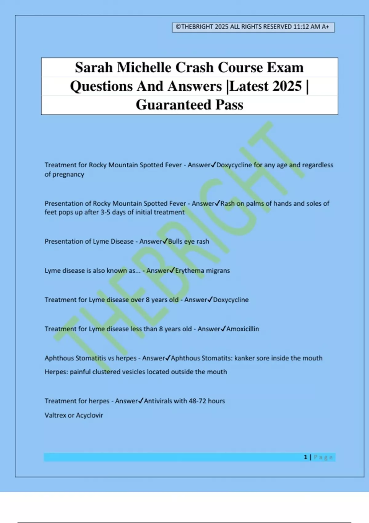 Sarah Michelle Crash Course Exam Questions And Answers |Latest 2025 ...