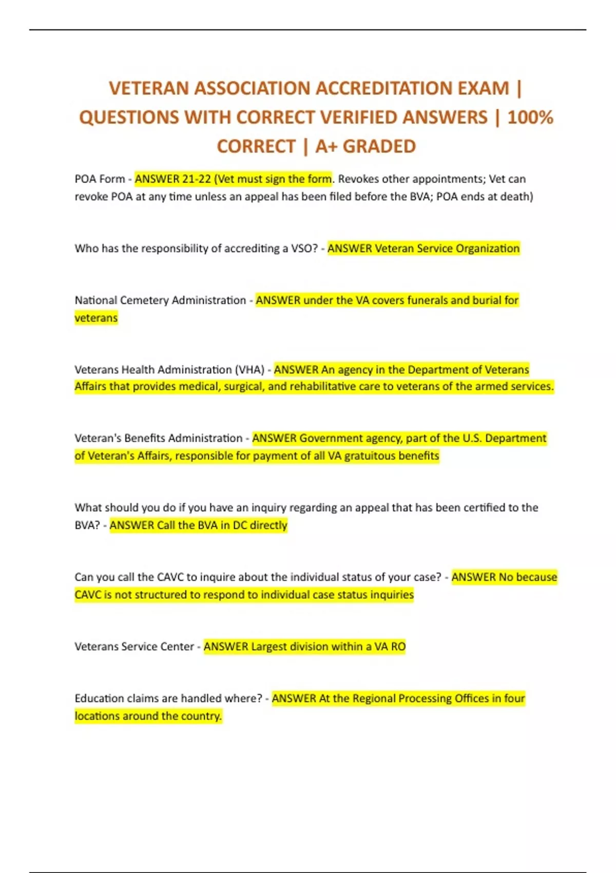 VETERAN ASSOCIATION ACCREDITATION EXAM | QUESTIONS WITH CORRECT ...