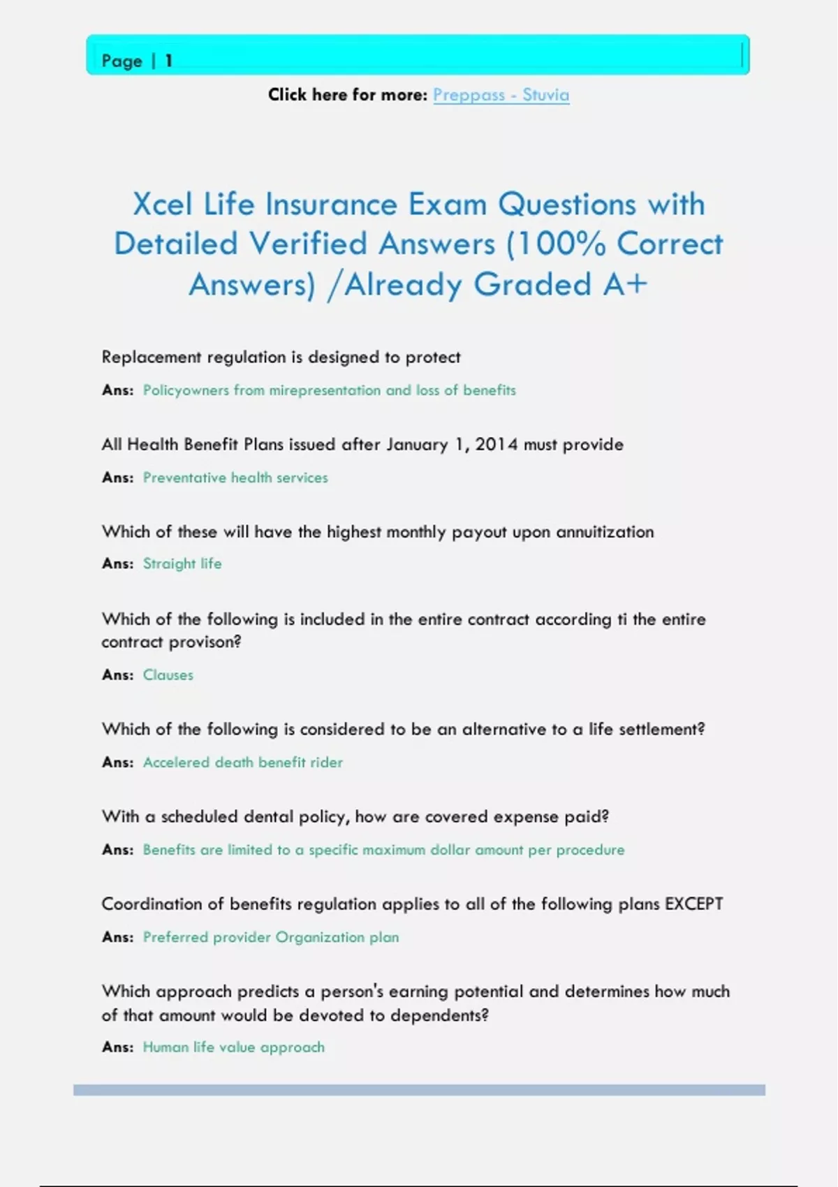 Xcel Life Insurance Exam Questions with Detailed Verified Answers (100% ...