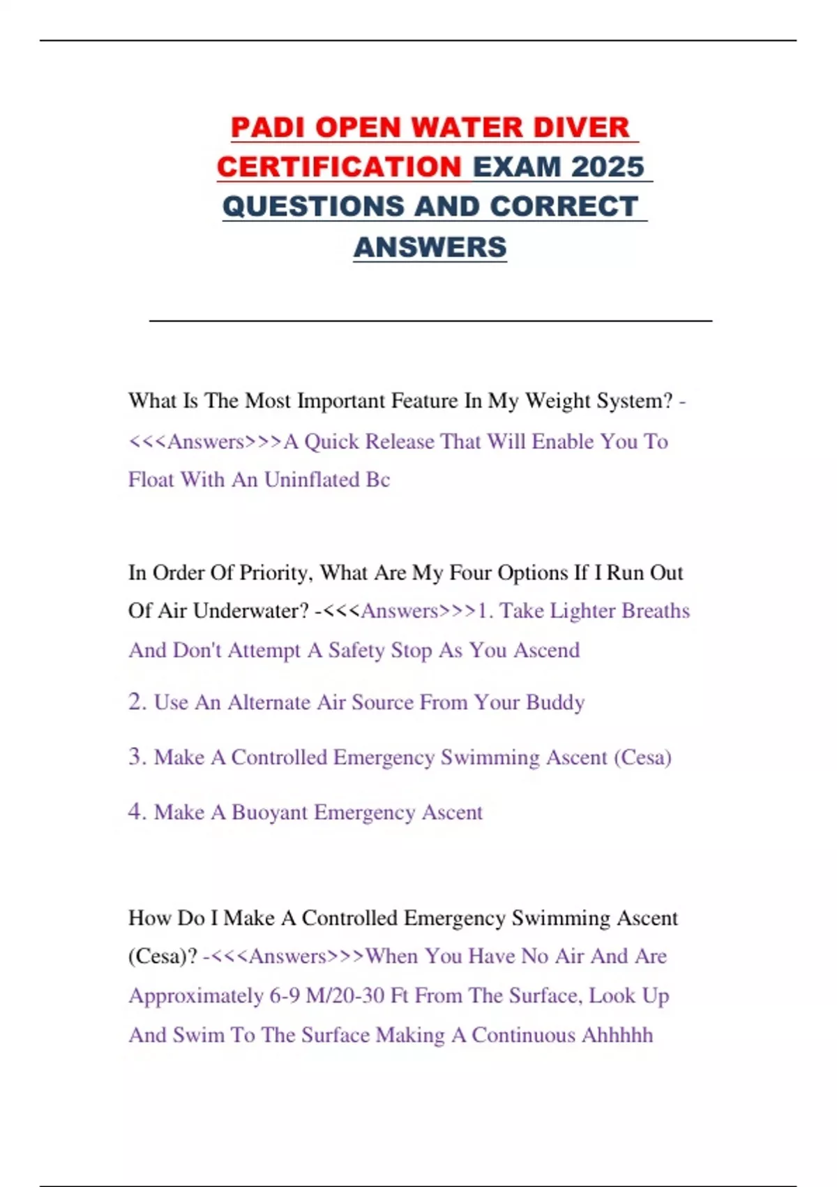 PADI OPEN WATER DIVER CERTIFICATION EXAM 2025 QUESTIONS AND CORRECT ...