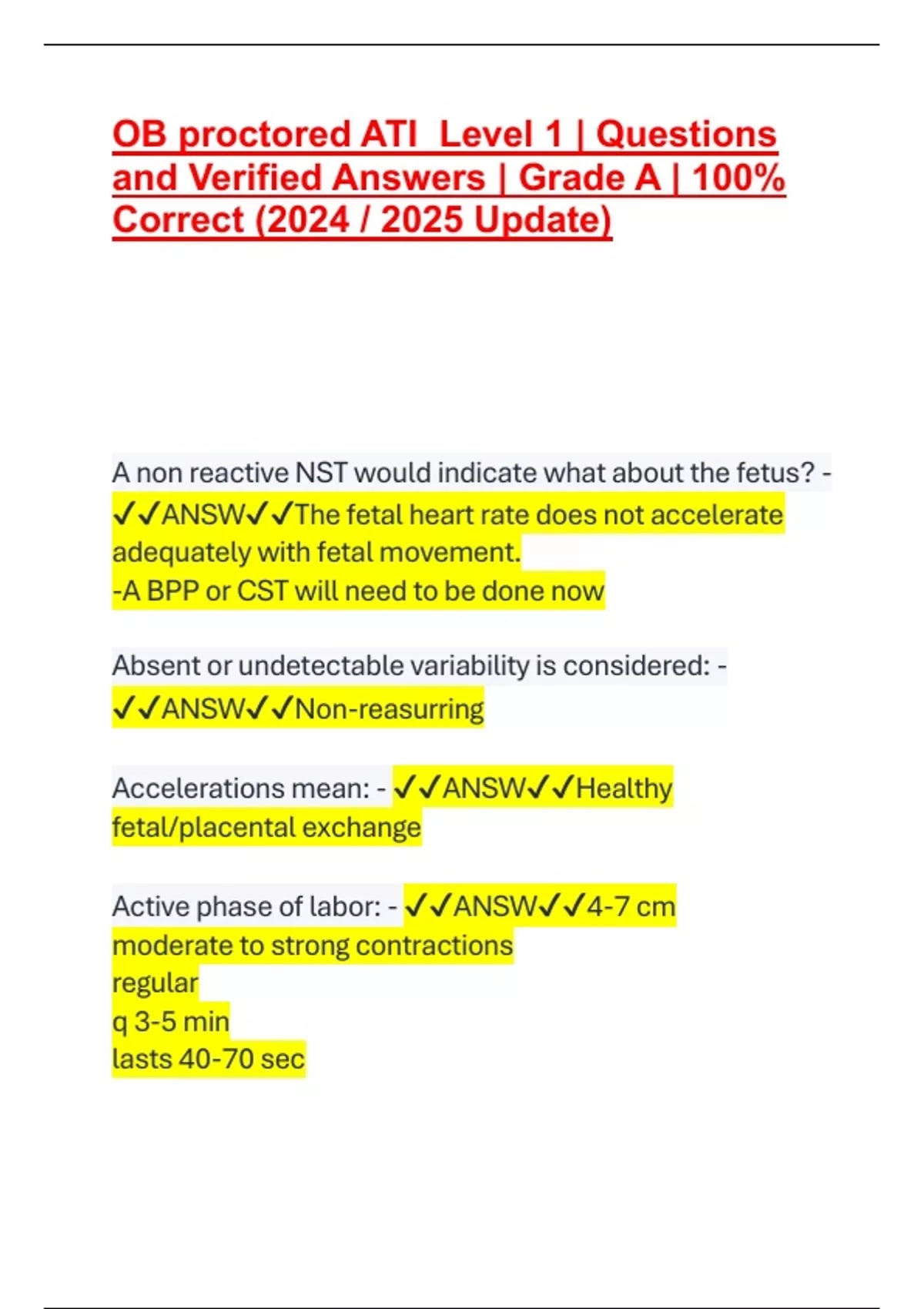 OB proctored ATI Level 1 | Questions and Verified Answers | Grade A ...