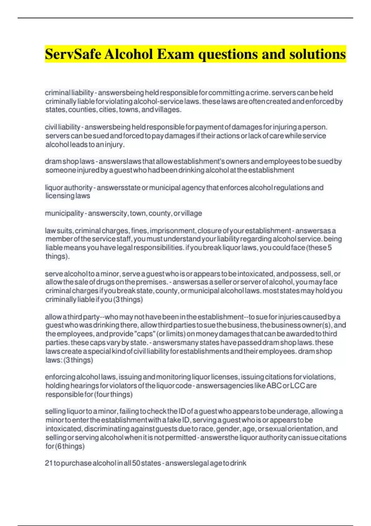 ServSafe Alcohol Exam questions and solutions - ServSafe Alcohol ...