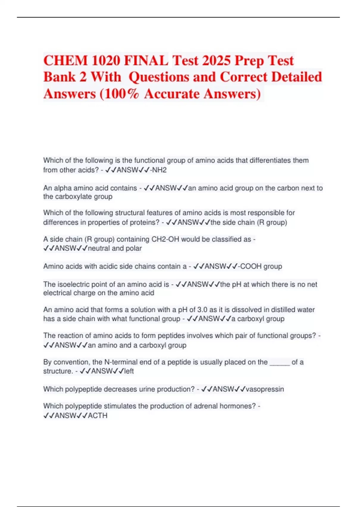 CHEM 1020 FINAL Test 2025 Prep Test Bank 2 With Questions and Correct ...