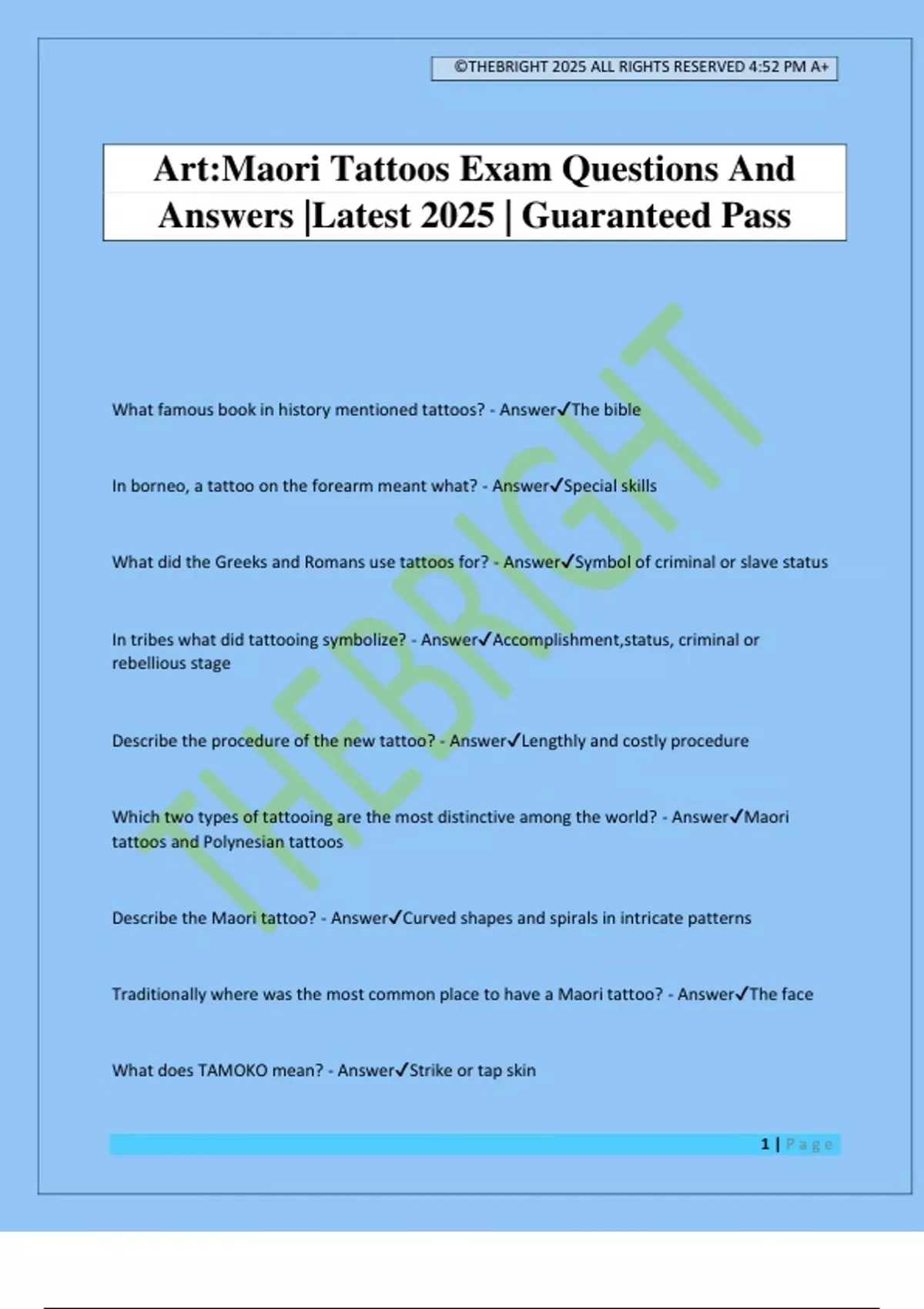 Art:Maori Tattoos Exam Questions And Answers |Latest 2025 | Guaranteed ...