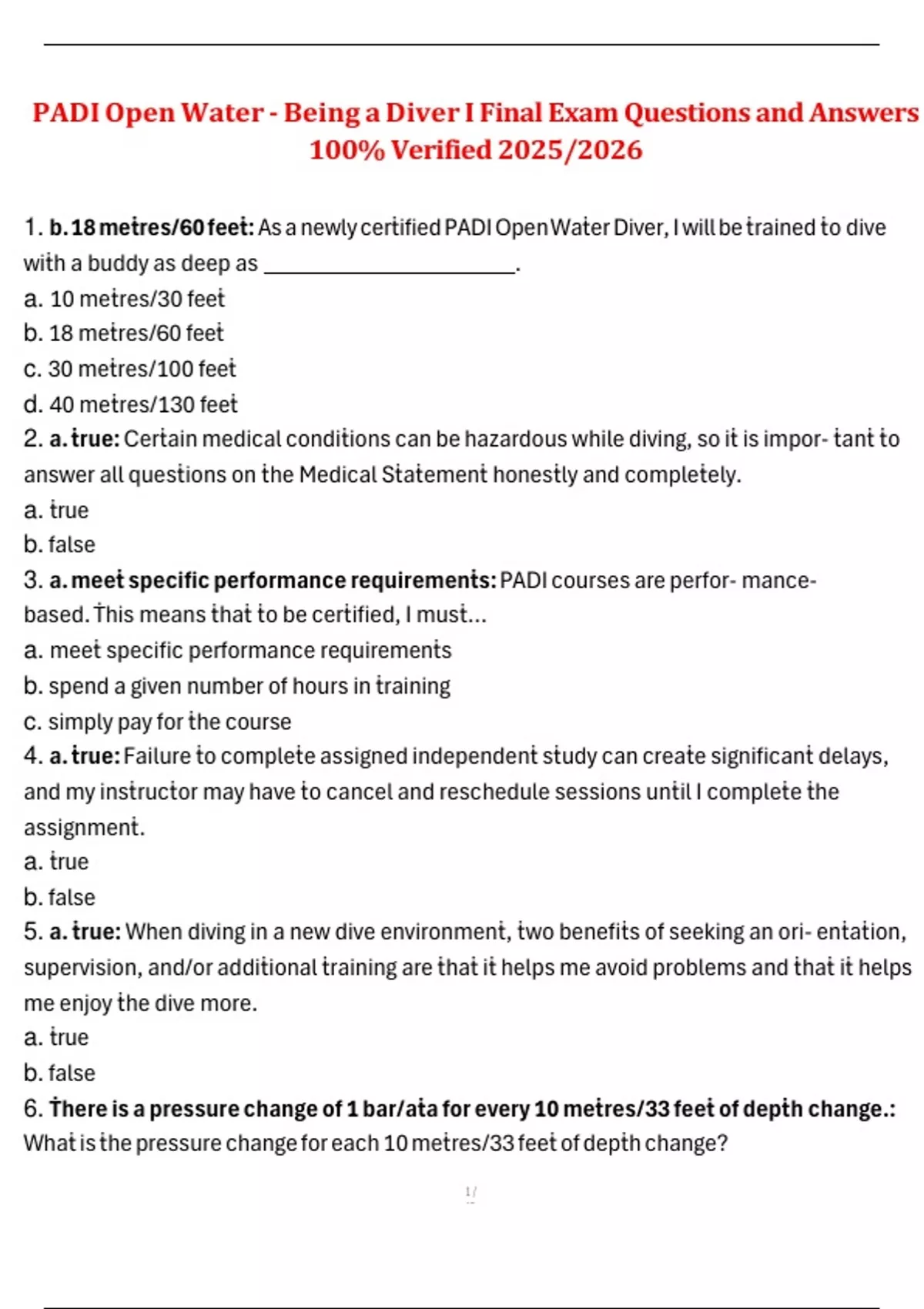 PADIOpen Water - Being a Diver I Final Exam Questions and Answers 100% ...