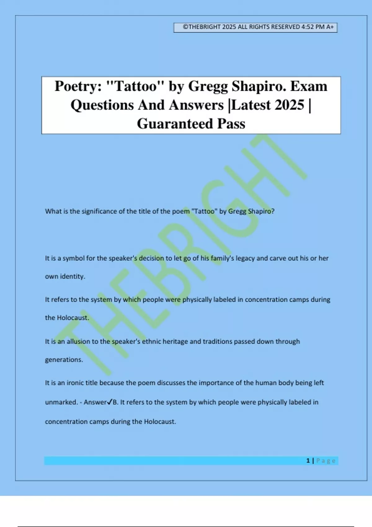Poetry: "Tattoo" by Gregg Shapiro. Exam Questions And Answers |Latest ...