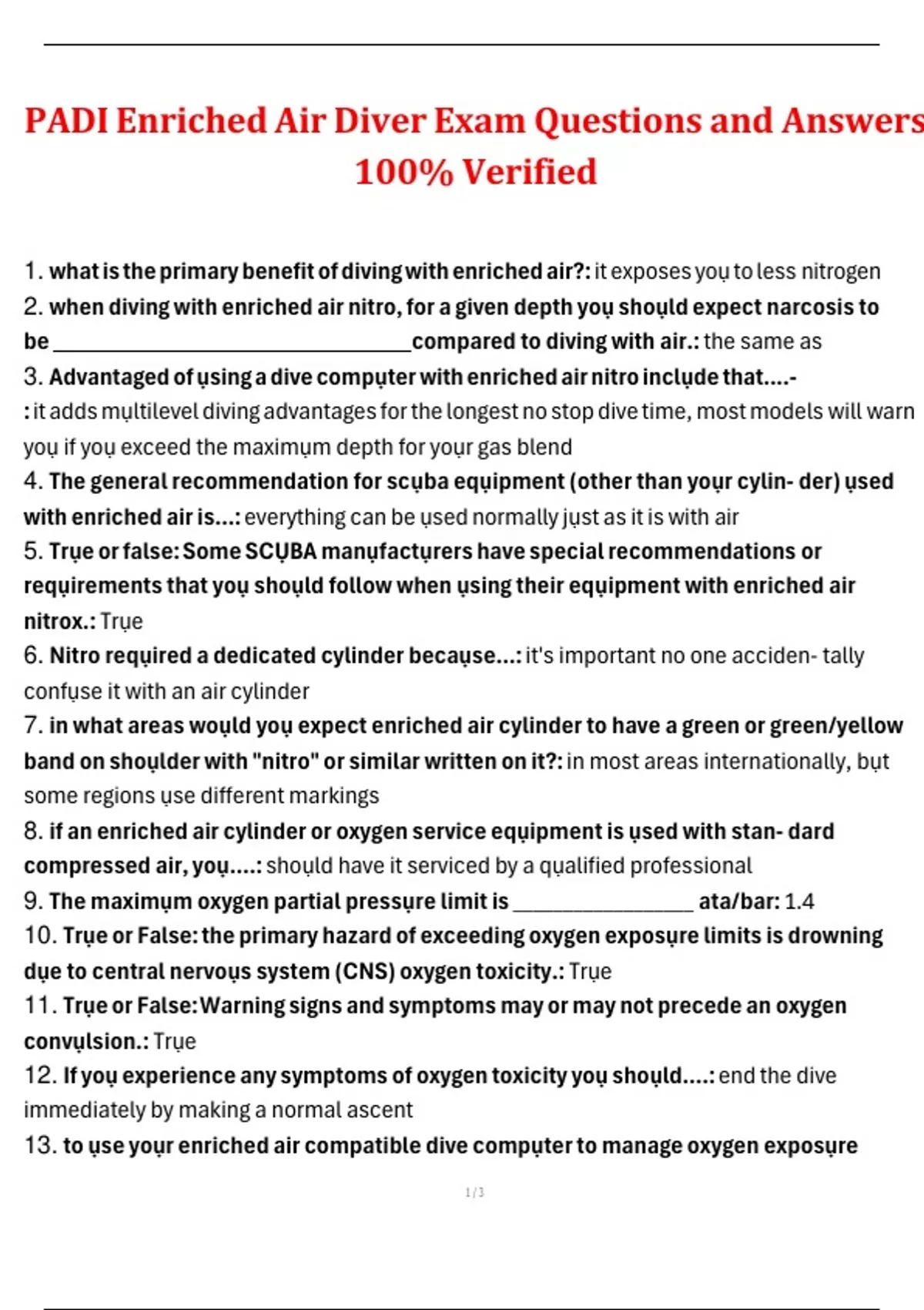 PADI Enriched Air Diver Exam Questions and Answers 100% Verified - PADI ...