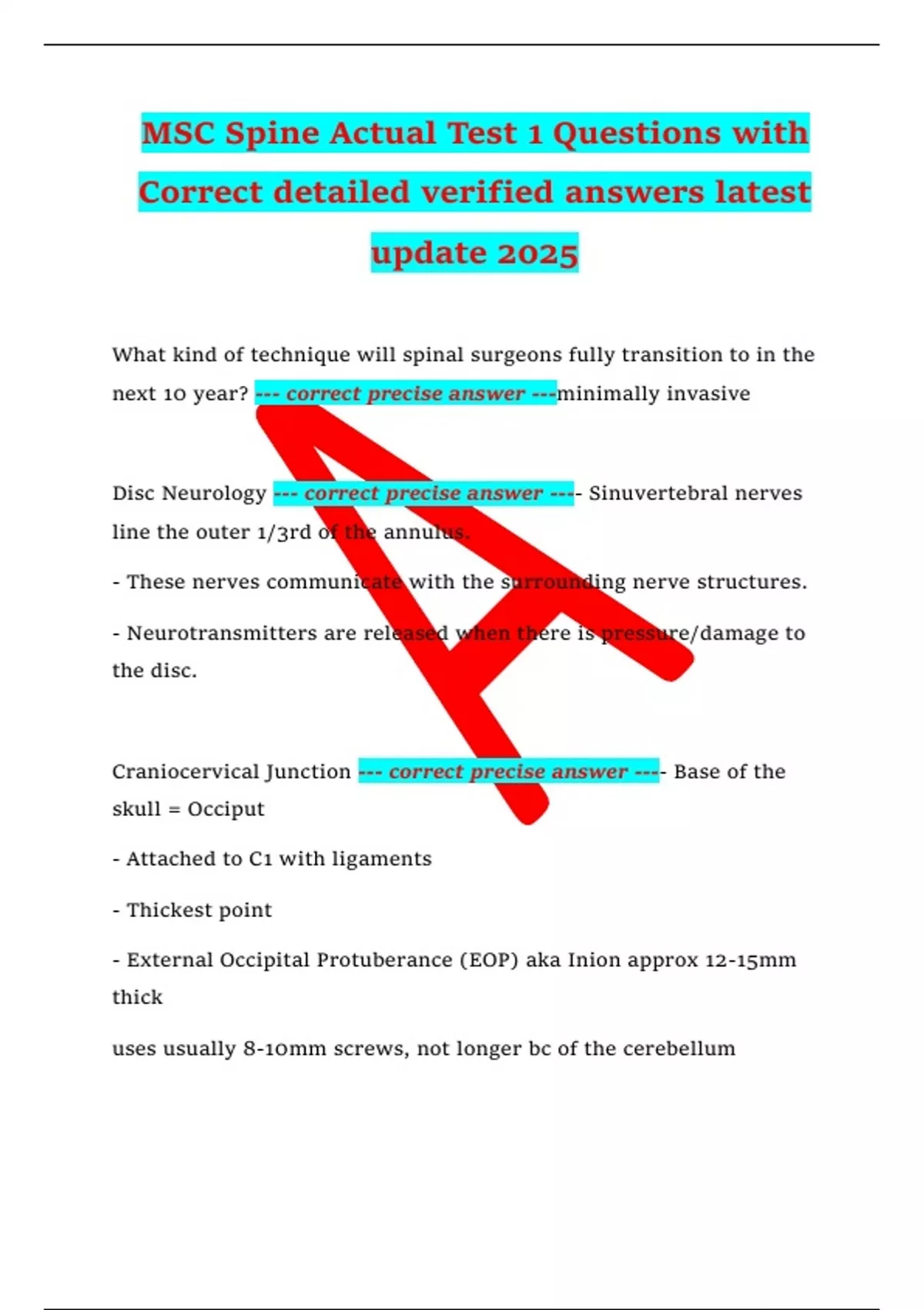 MSC Spine Actual Test 1 Questions with Correct detailed verified ...