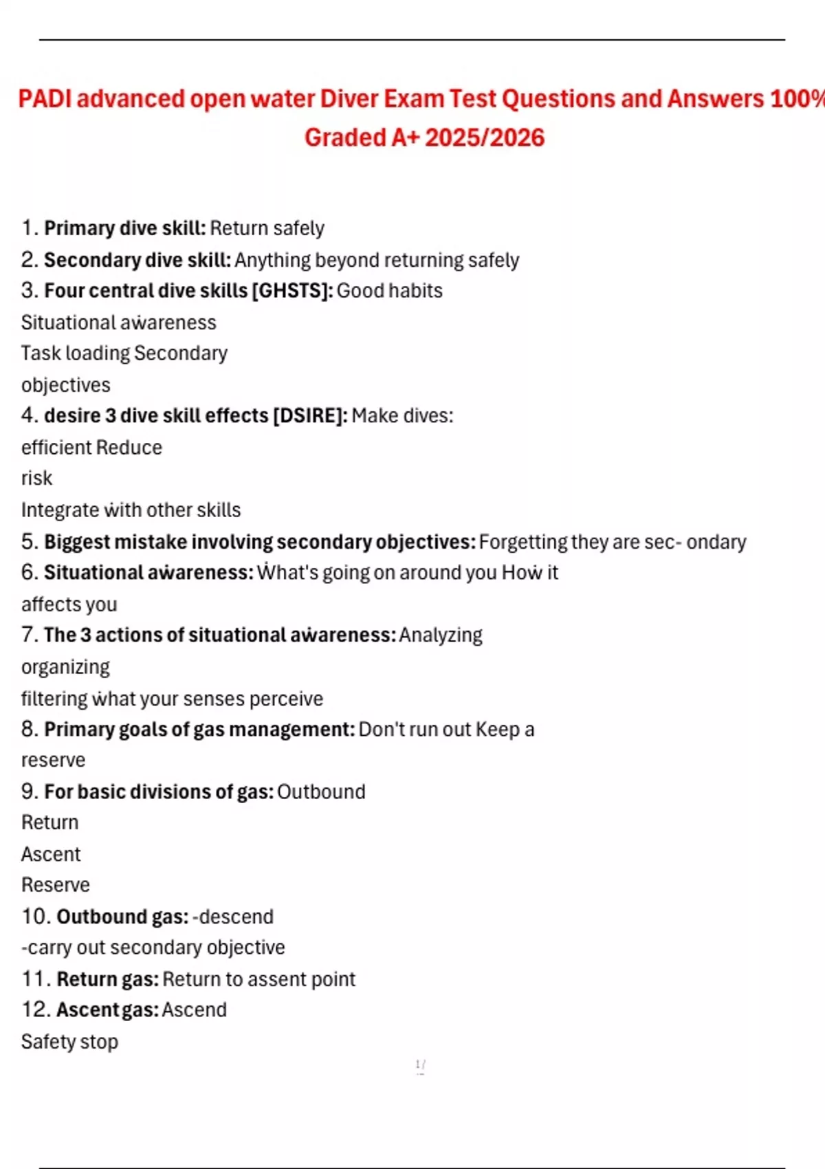 PADI advanced open water Diver Exam Test Questions and Answers 100% ...