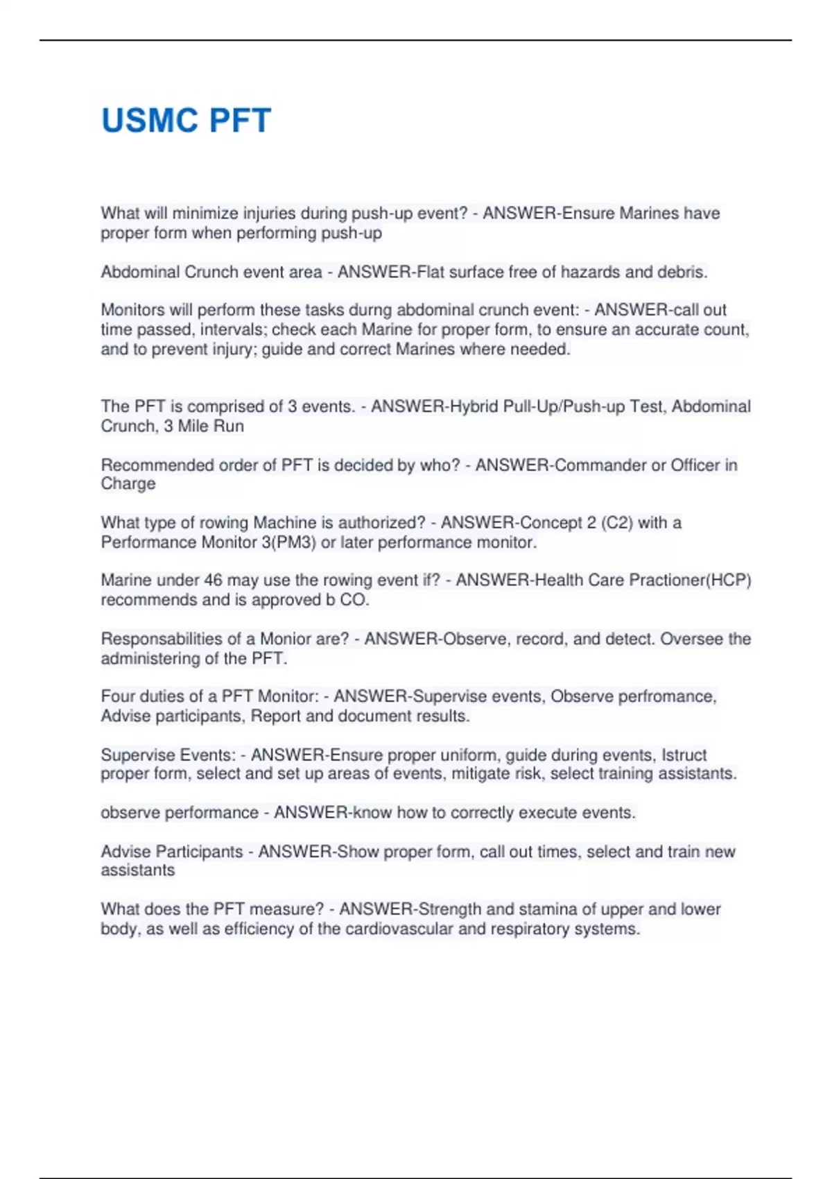 USMC PFT EXAM | QUESTIONS | WITH ACCURATE ANSWERS!! - USMC PFT - Stuvia US