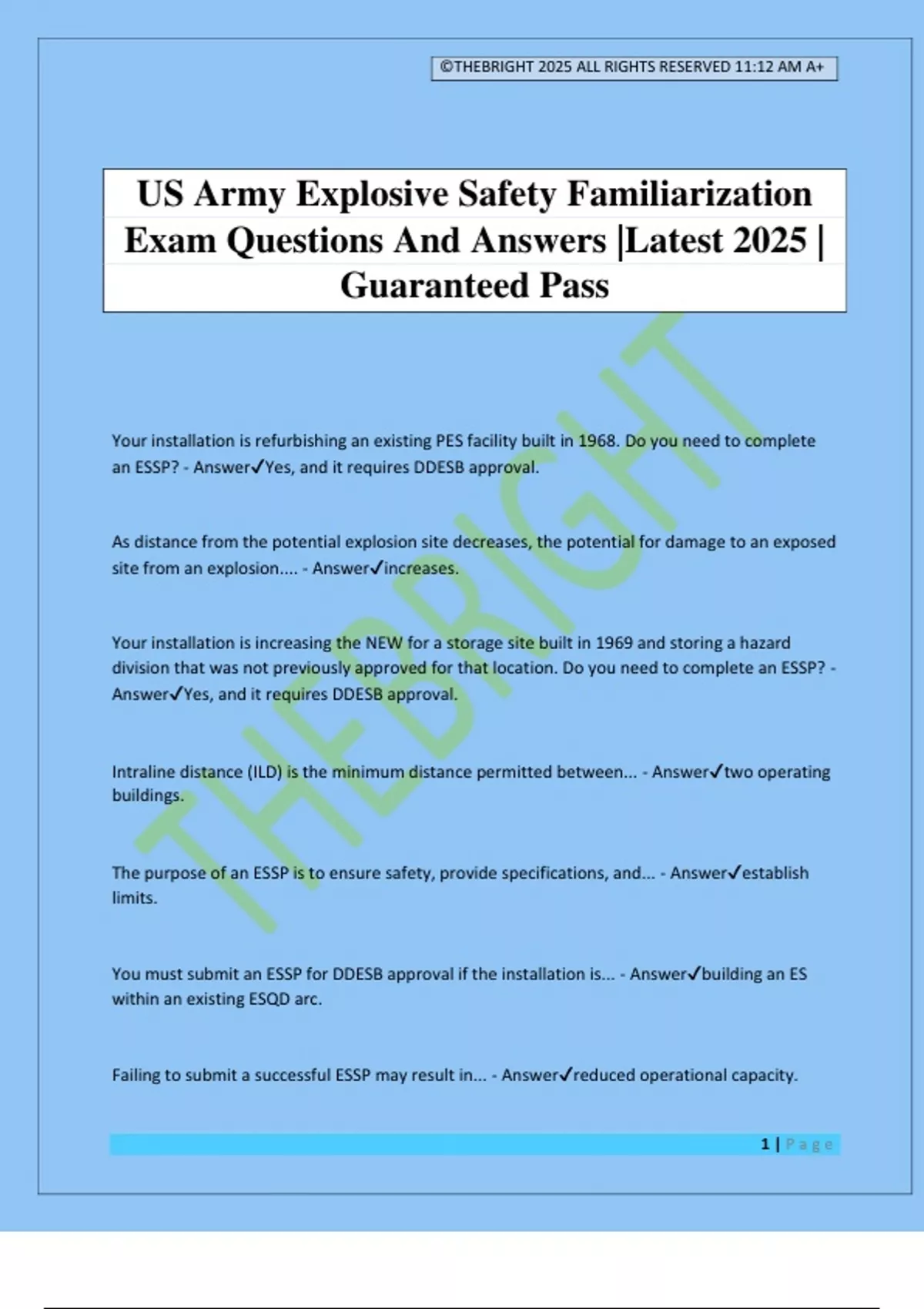 US Army Explosive Safety Familiarization Exam Questions And Answers ...