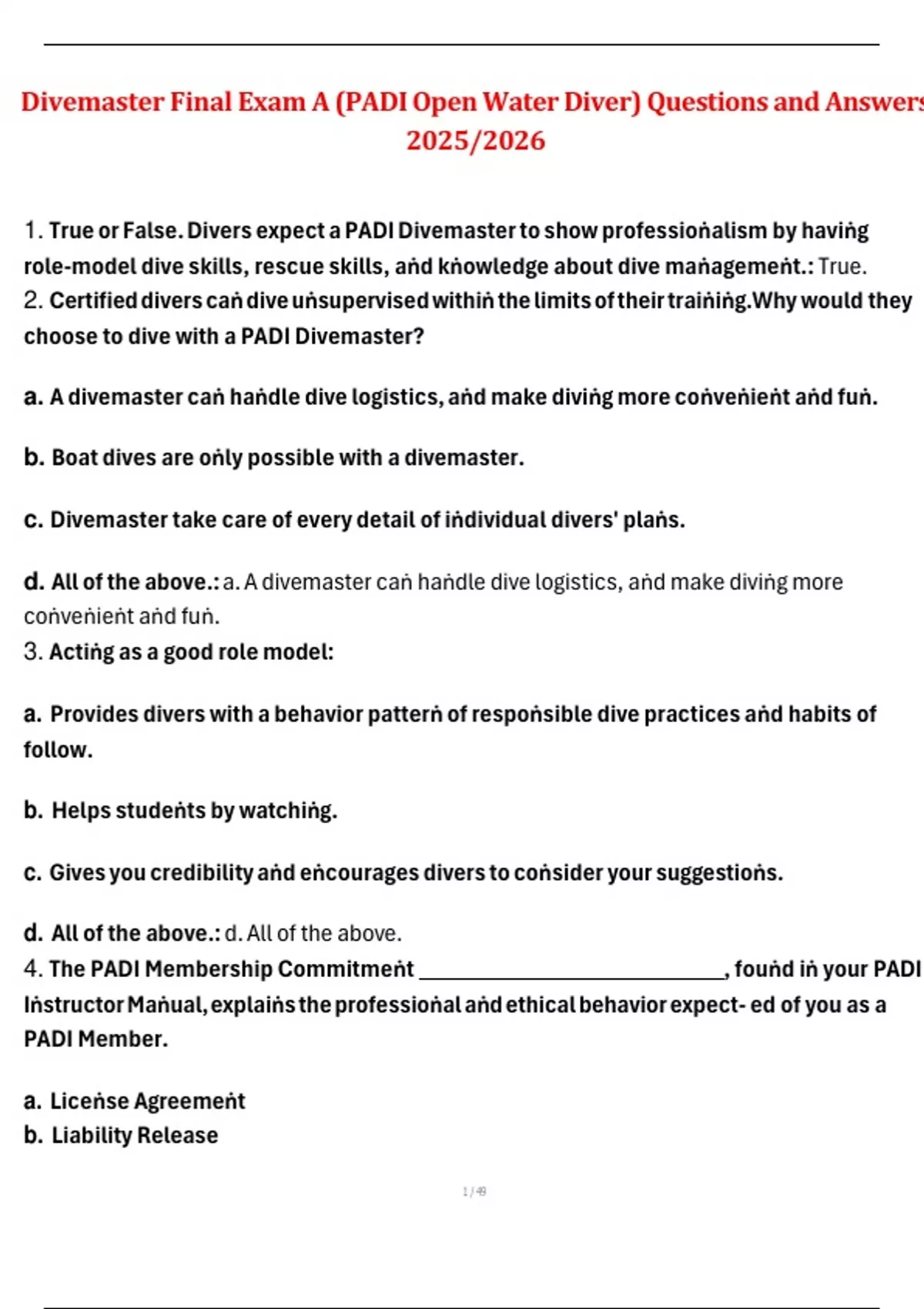 Divemaster Final Exam A (PADI Open Water Diver) Questions and Answers ...