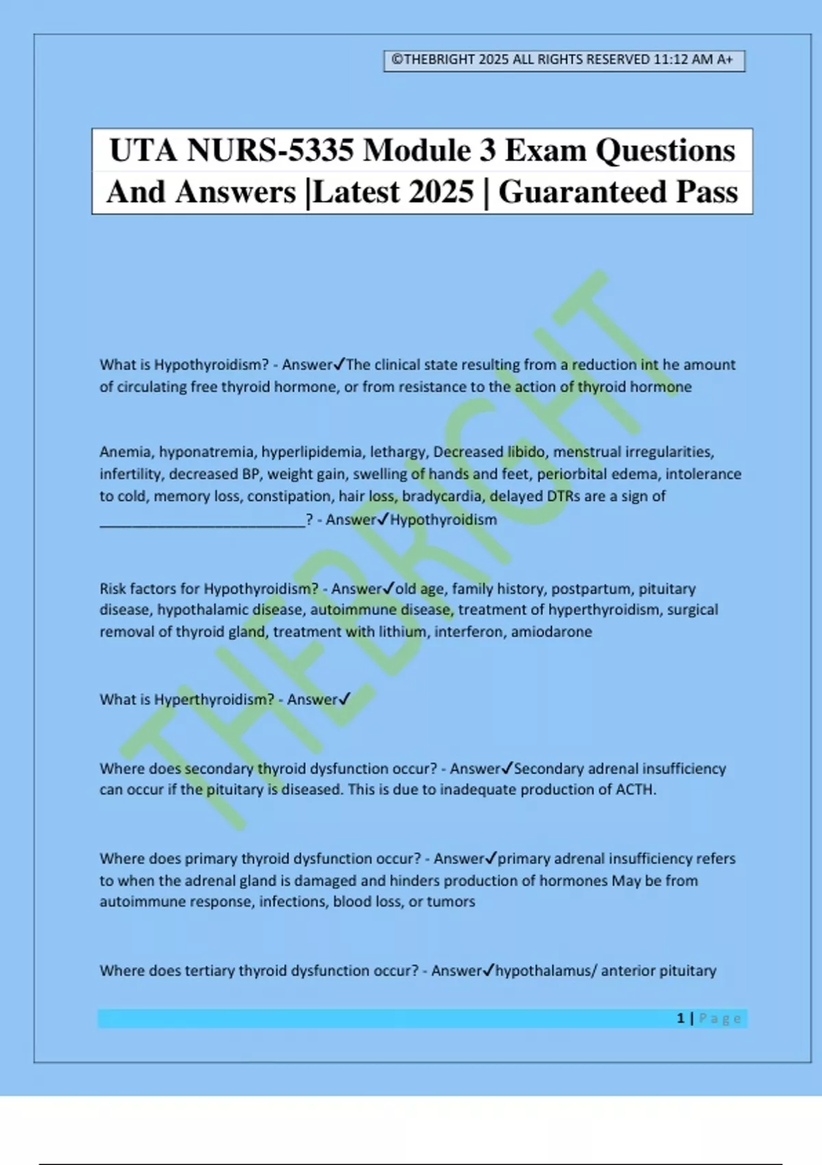 UTA NURS-5335 Module 3 Exam Questions And Answers |Latest 2025 ...