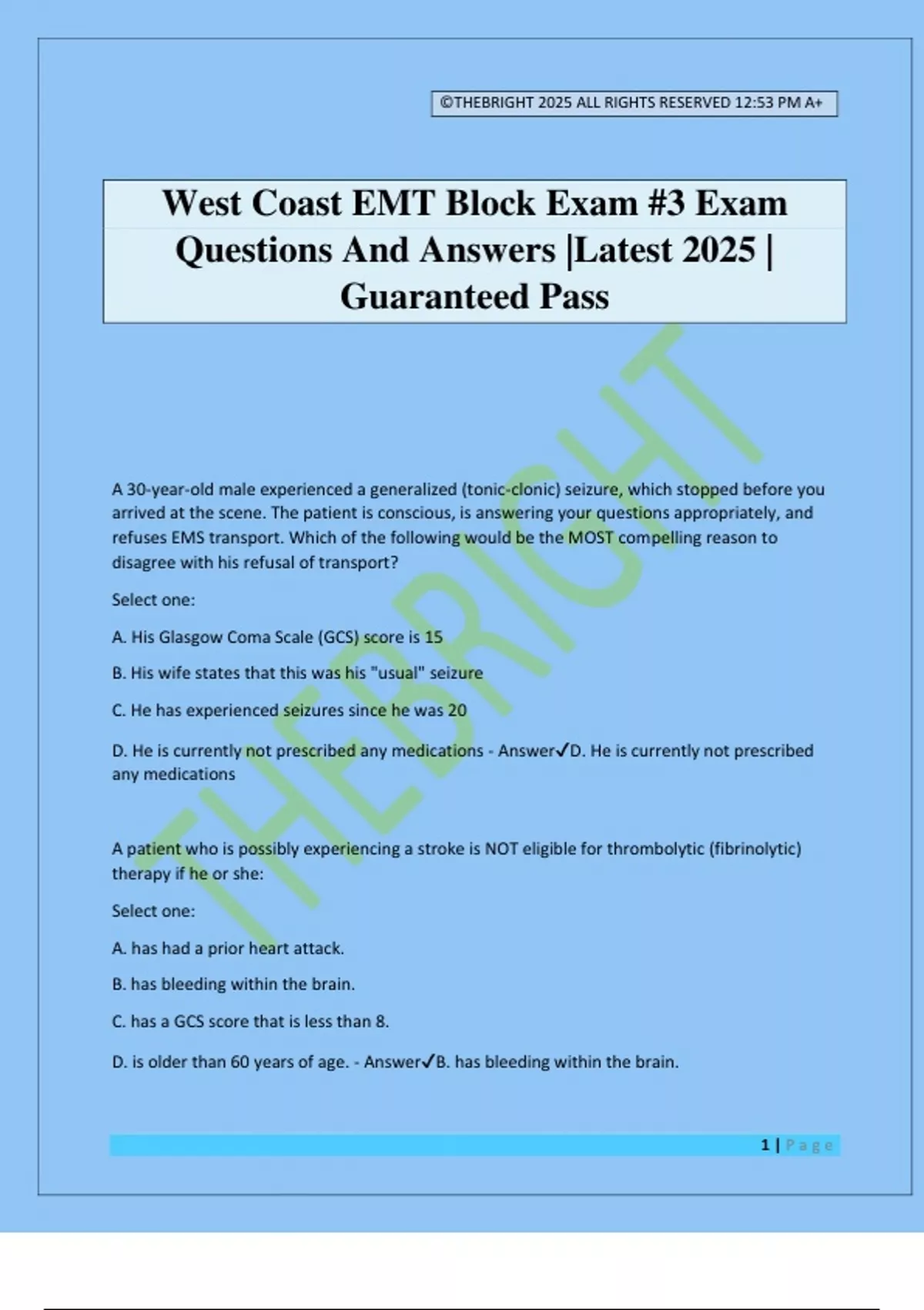 West Coast EMT Block Exam #3 Exam Questions And Answers |Latest 2025 ...