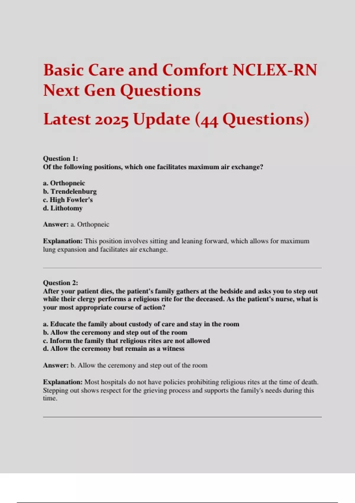 Basic Care and Comfort NCLEX-RN Next Gen Questions Latest 2025 Update ...