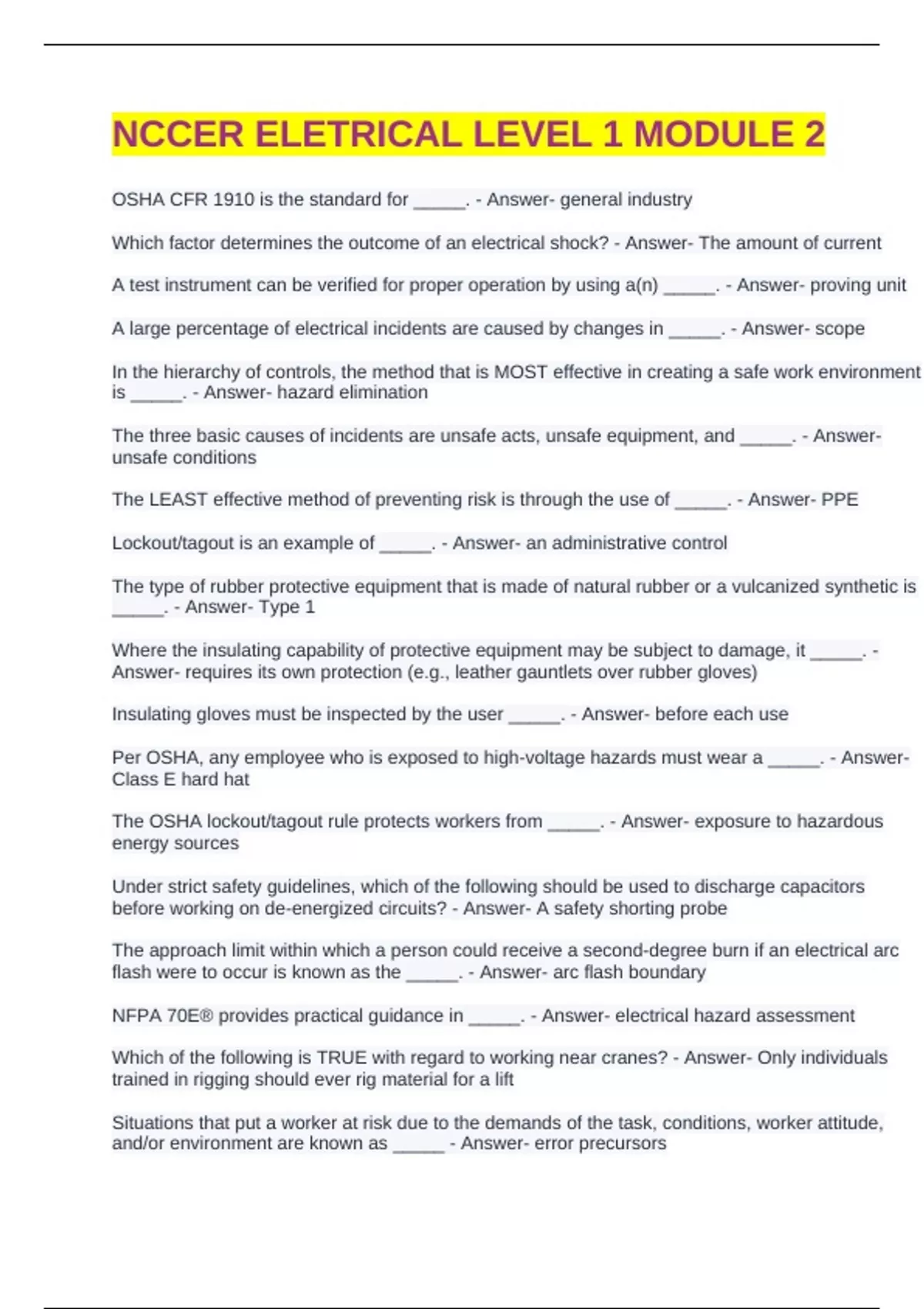 NCCER ELETRICAL LEVEL 1 MODULE 2 EXAM QUESTIONS AND ANSWERS - NCCER ...