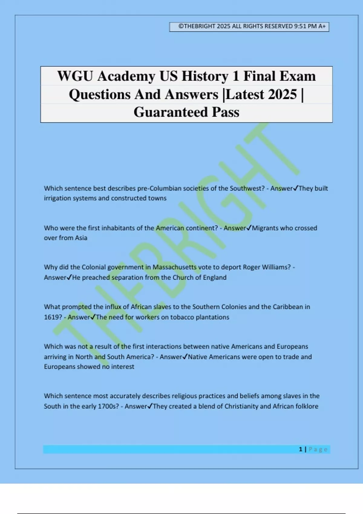 WGU Academy US History 1 Final Exam Questions And Answers |Latest 2025 ...