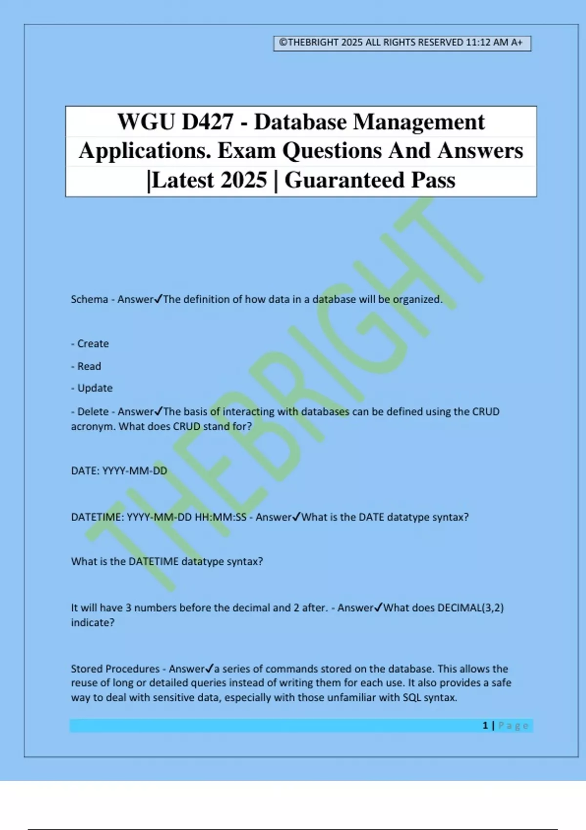 WGU D427 - Database Management Applications. Exam Questions And Answers ...