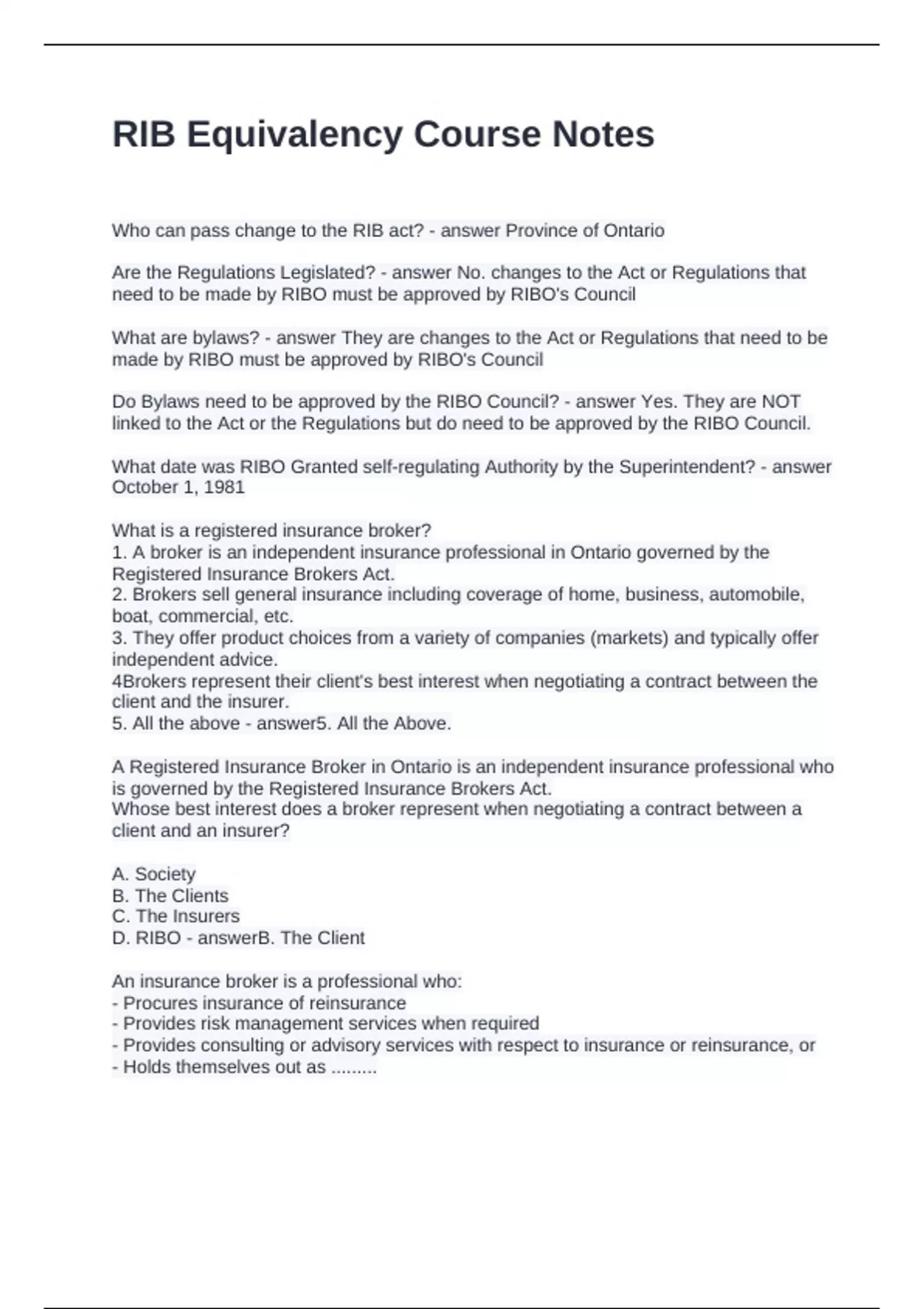 RIB Equivalency Course Notes Questions with Accurate Answers - RIBO ...