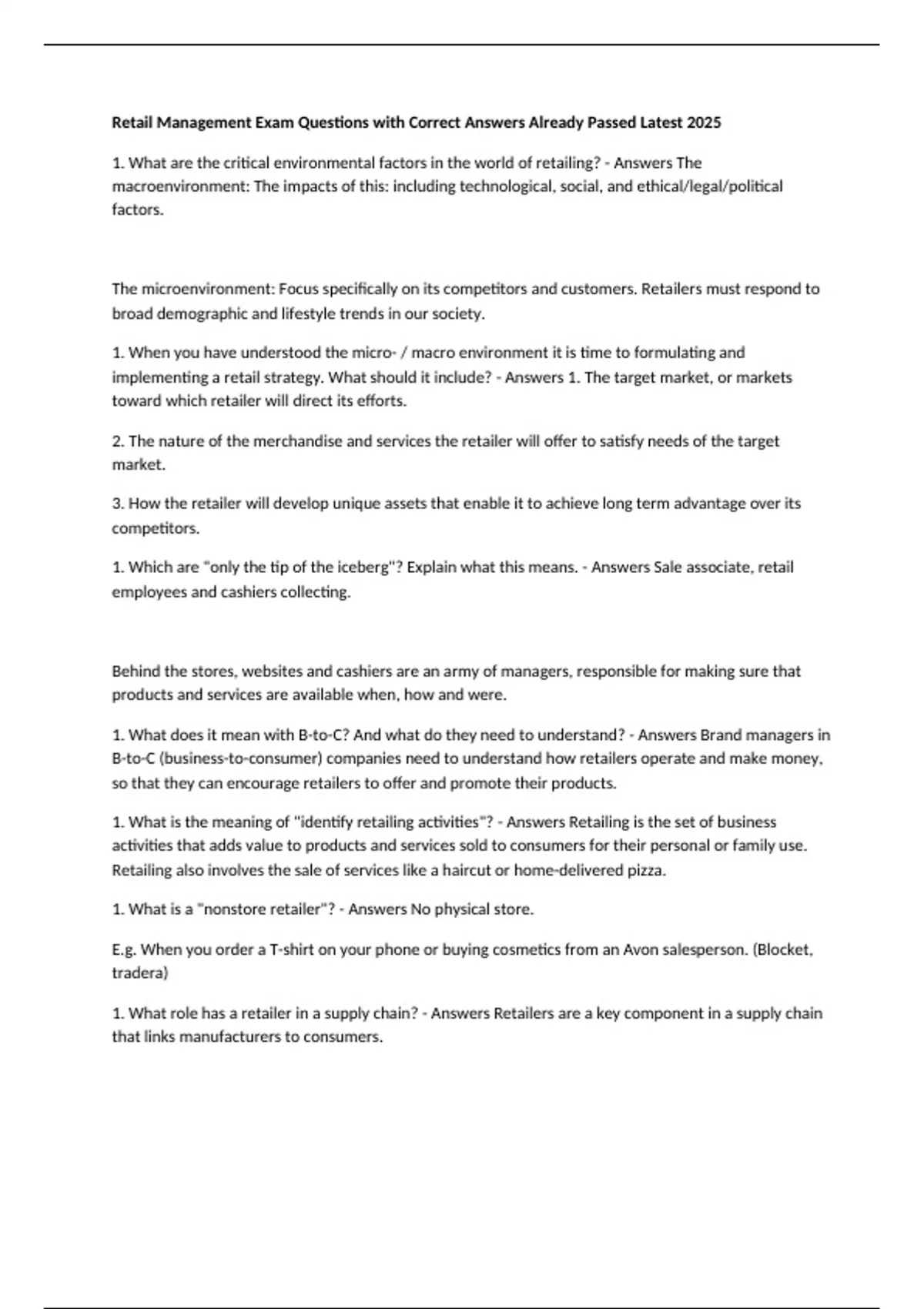 Retail Management Exam Questions with Correct Answers Already Passed ...