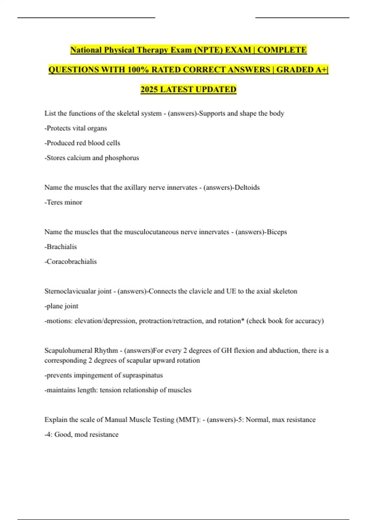 National Physical Therapy Exam (NPTE) EXAM | COMPLETE QUESTIONS WITH ...