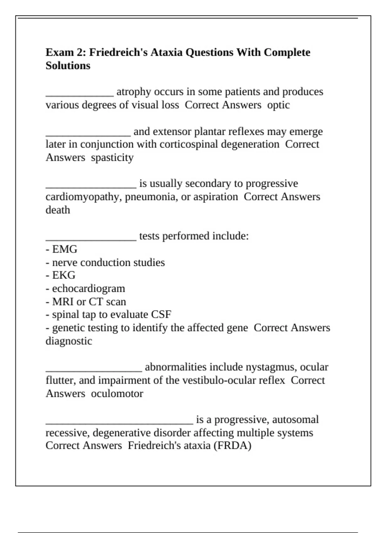 Exam 2: Friedreich's Ataxia Questions With Complete Solutions ...